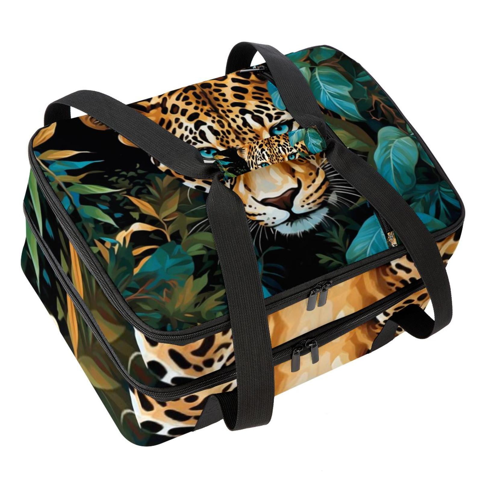 Leopard Double Layered Insulated Lunch Bag with Two Compartments, Large ...