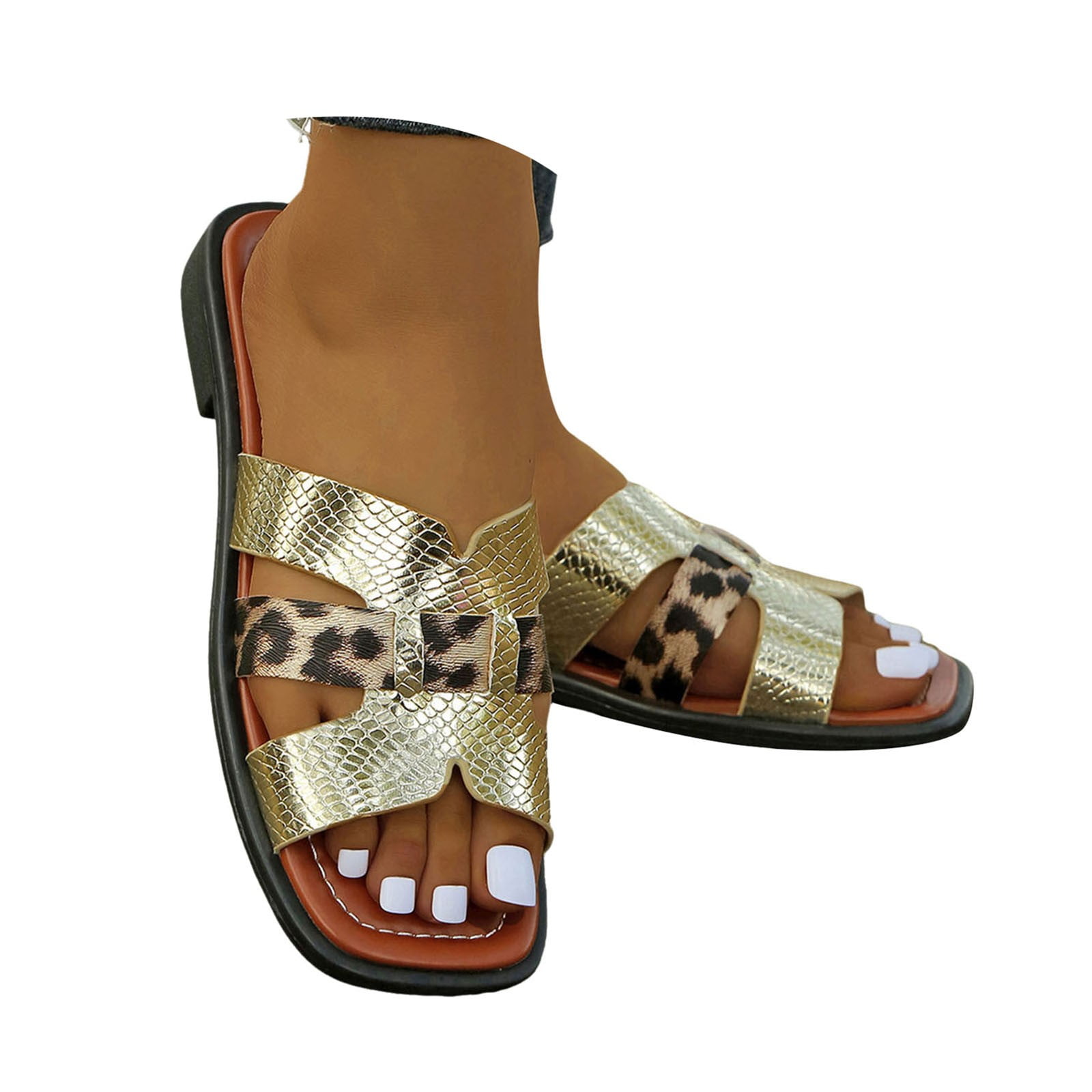 Leopard Dressy Slides Sandals for Women 2025 Beach Summer Metallic ...