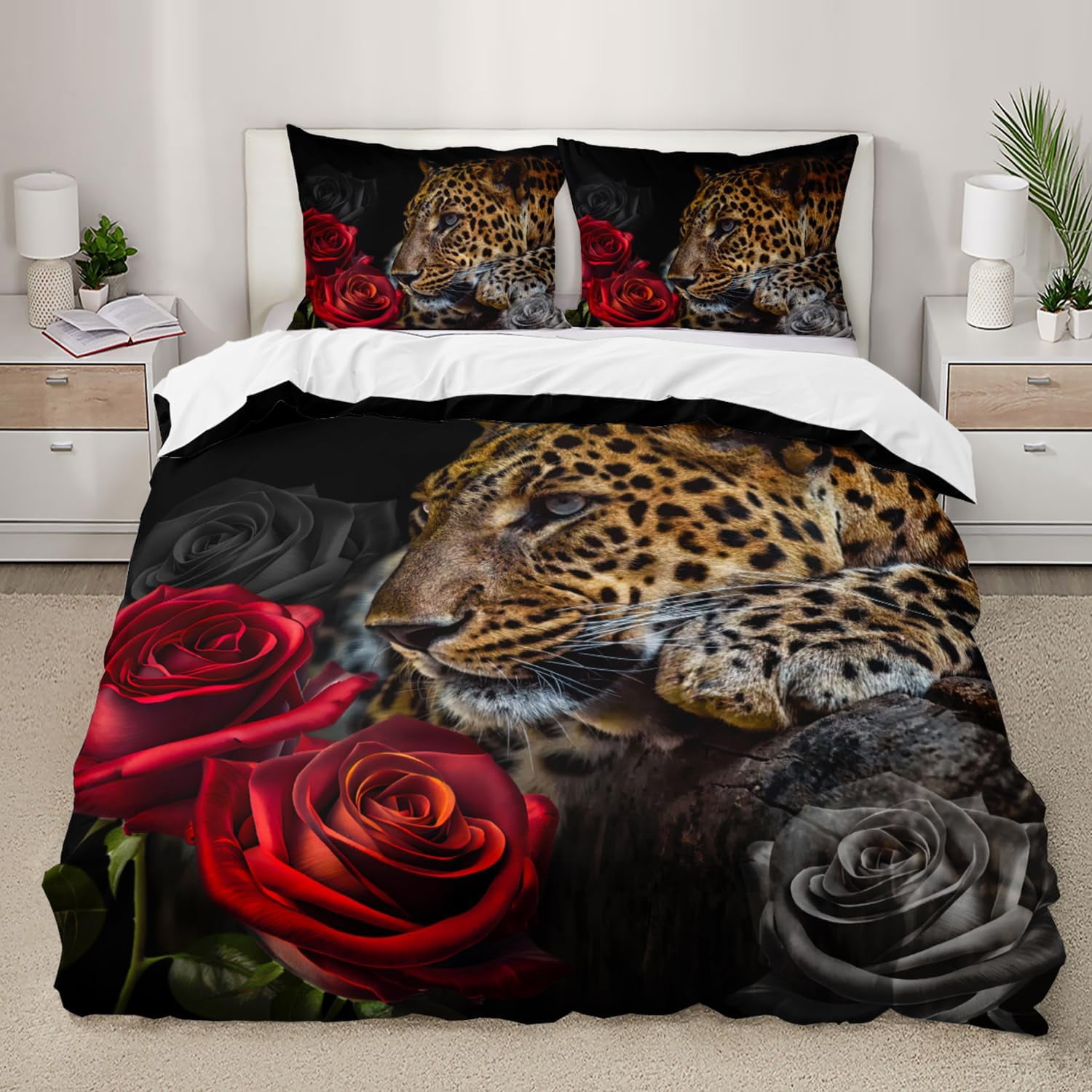 Leopard Duvet Cover Set, 3D Safari Animal Cheetah Bedding Set,Red Rose ...