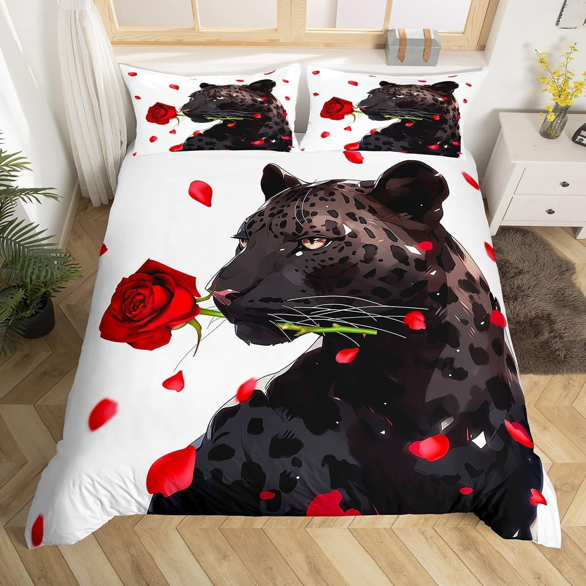 Leopard Duvet Cover Set,Red Rose Flower Bedding Set 3 Pcs for Kids Boys ...