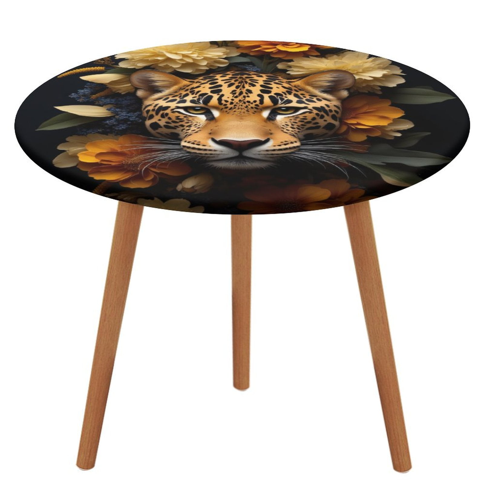 Leopard Face in Floral Wreath Tablecloth Round Elastic Fitted ...