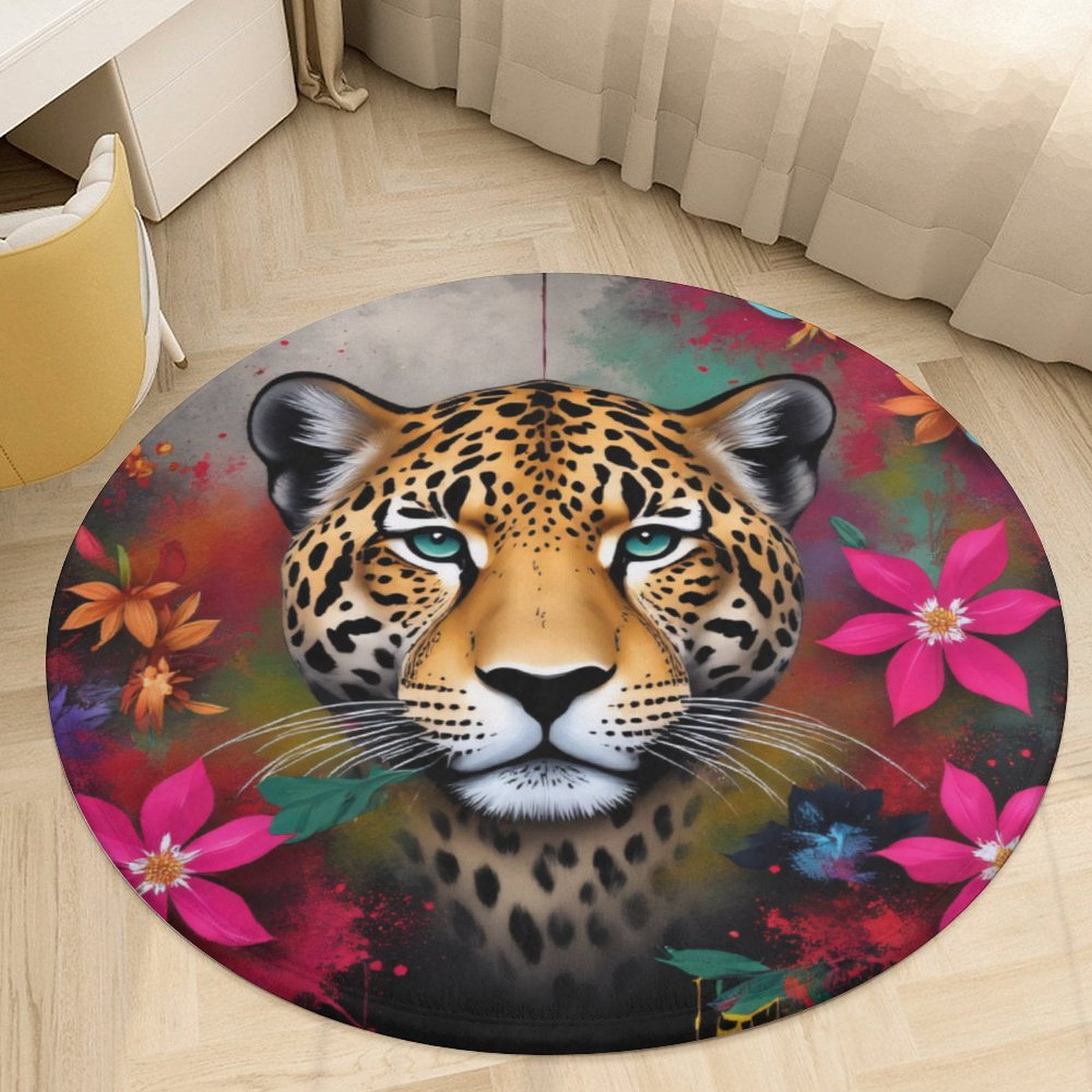 Leopard Face with Floral Surround Round Area Rugs for Bedroom Living ...