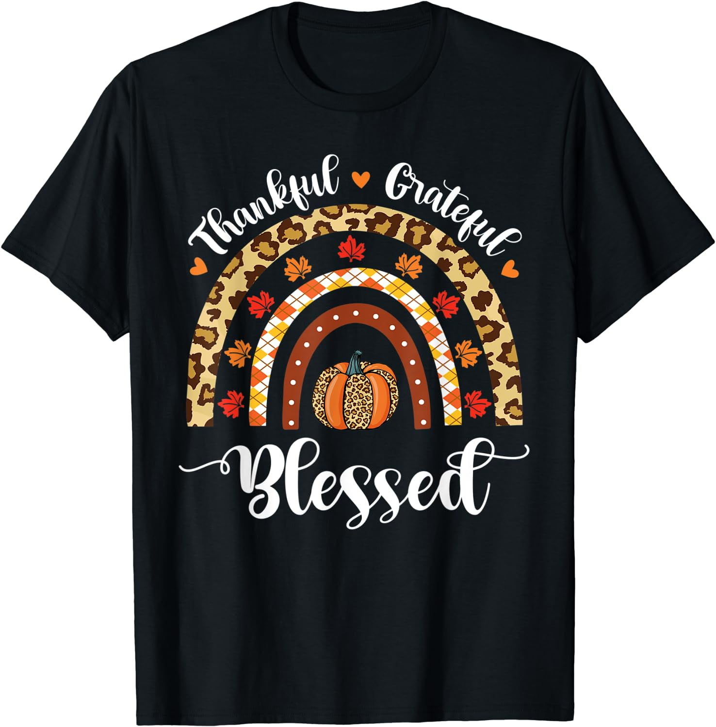 Leopard Fall Rainbow Thankful Grateful Blessed Pumpkin T Shirt Black