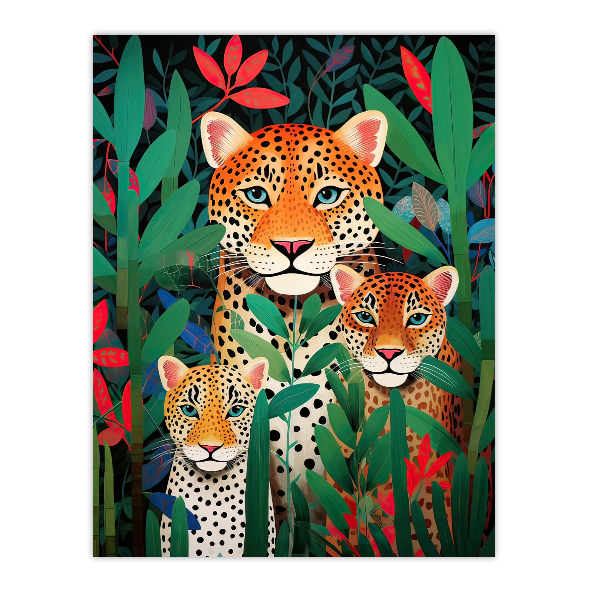 Leopard Family Wildlife Portrait Oil Painting Orange Red Green Jungle ...