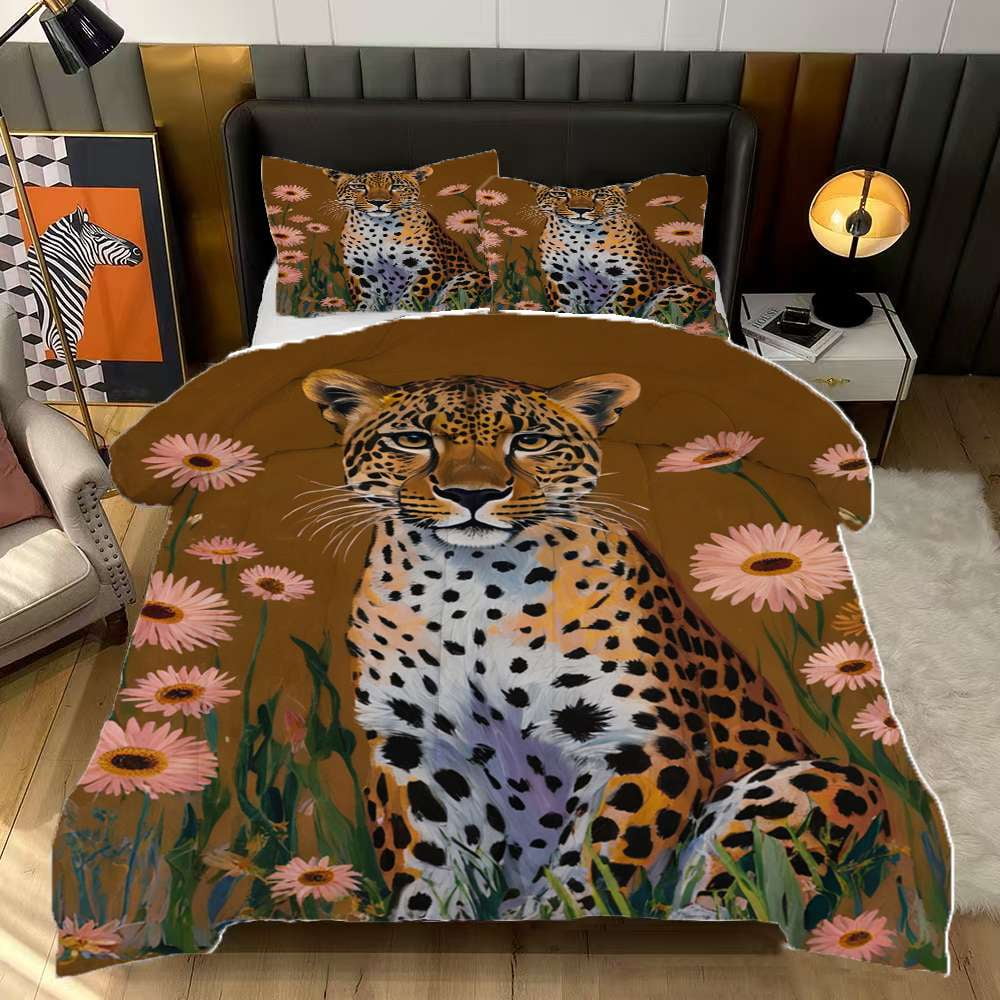 Leopard Floral Art Print Comforter Set Full Size Bedding Set For Travl ...