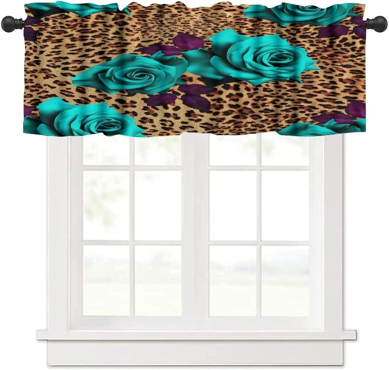 Leopard Flower Valance Curtain Turquoise Rose Flower Mixed Wild Animal ...
