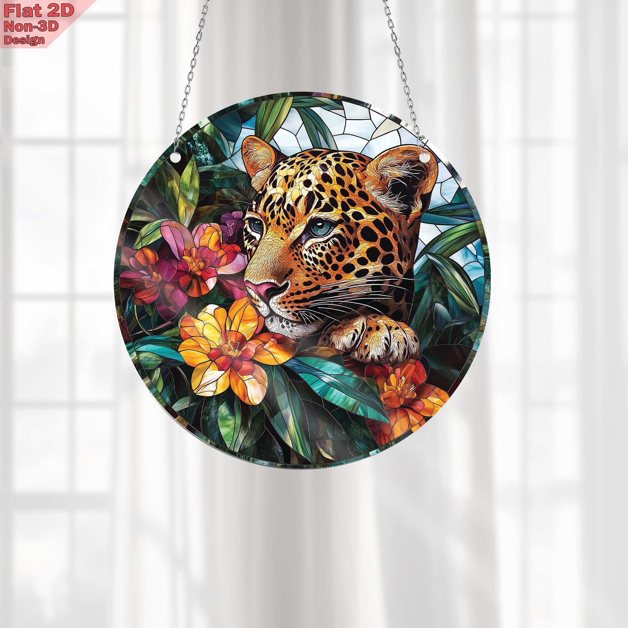 Leopard in Flowers Acrylic Window Hanging, Stained Glass Style, Nature ...