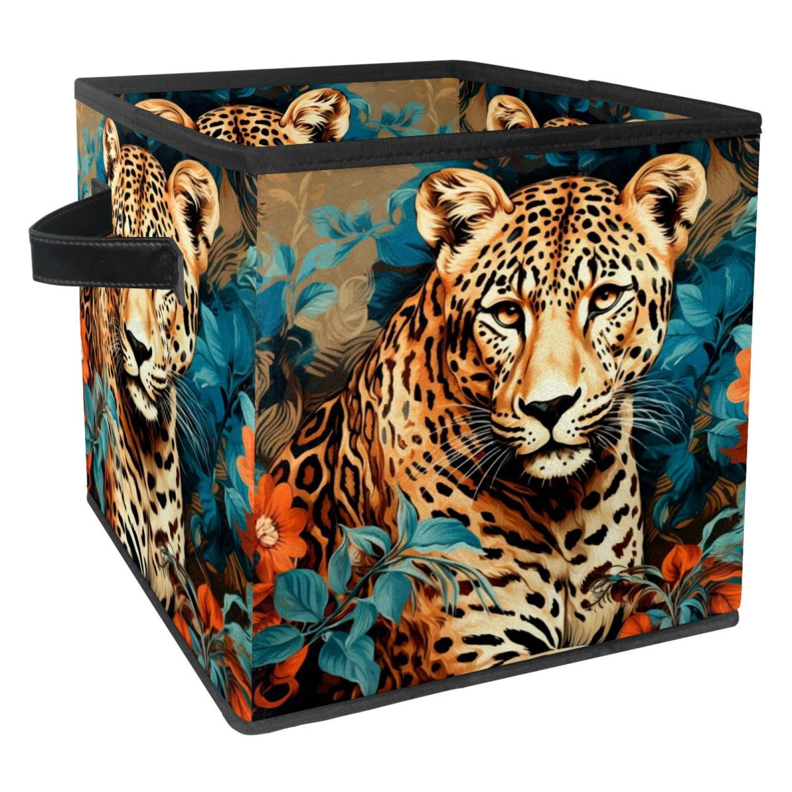 Leopard Foldable Cube Organizer with Handle for Clothes Storage Basket ...