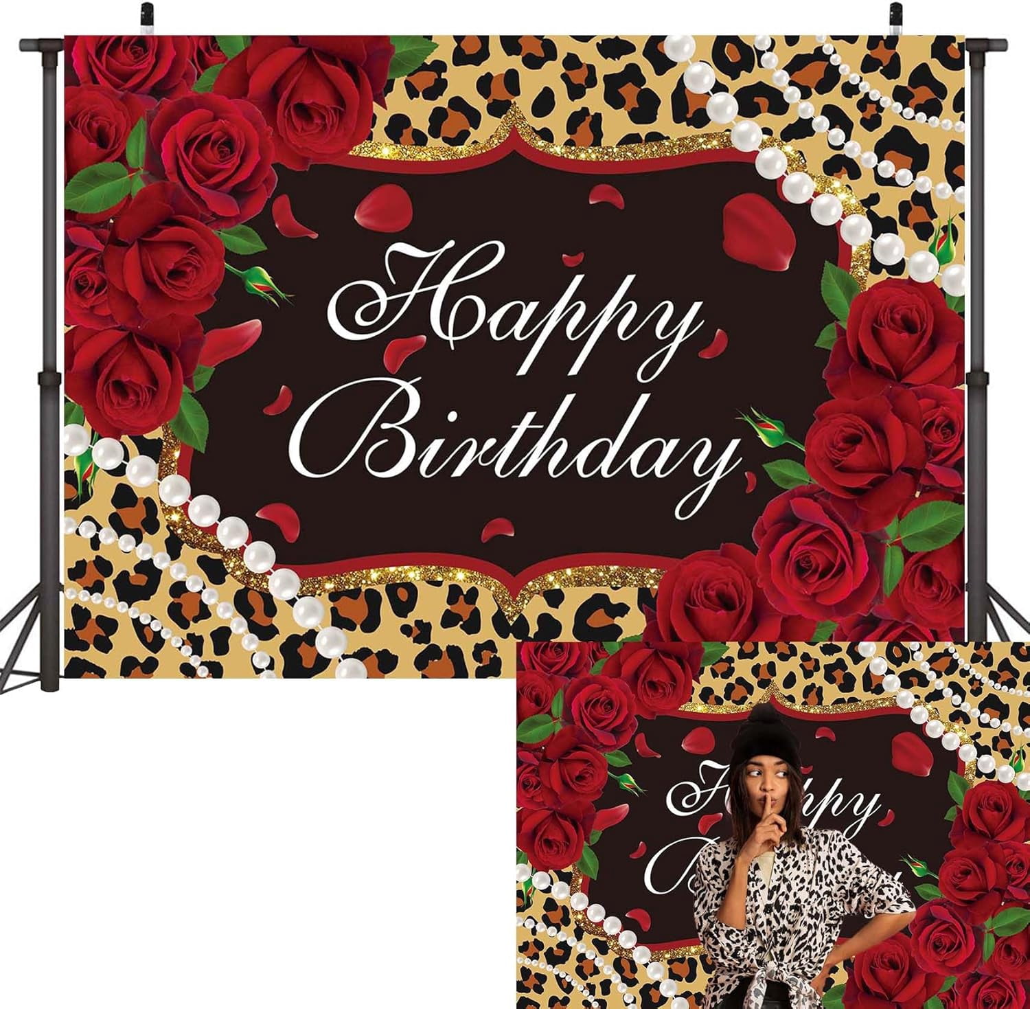 Leopard Golden Birthday Backdrop Banner Leopard Print Red Rose Happy ...