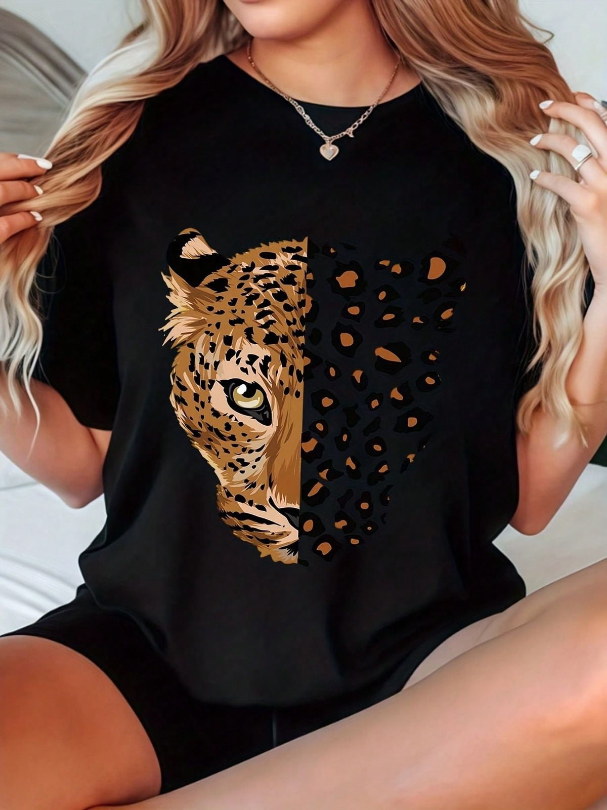 Leopard Half Face Graphic Animal Print Tee, Wild Cat Aesthetic Trendy ...