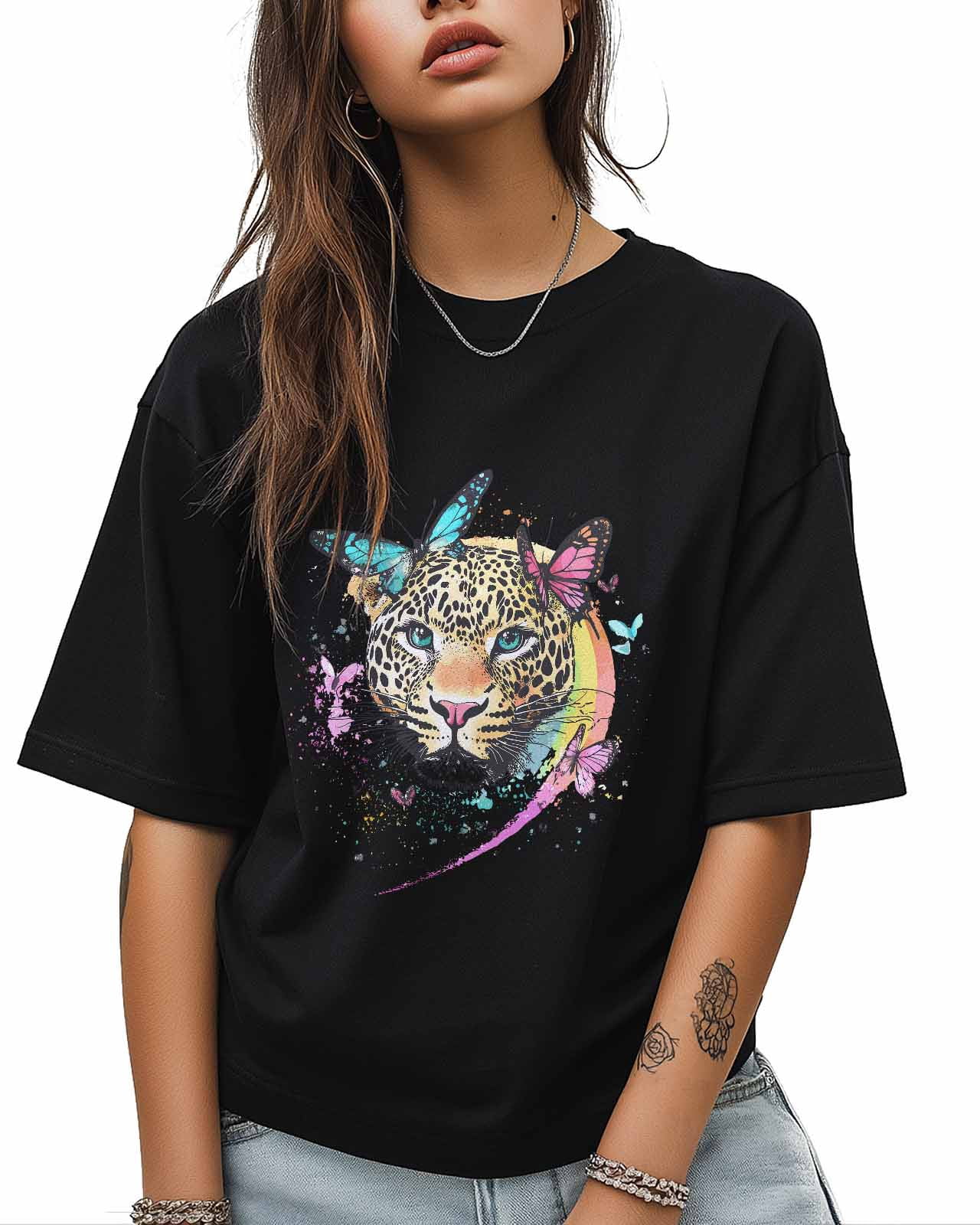 Leopard Head T Shirts for Women Short Sleeve Cotton Crewneck T-Shirt ...