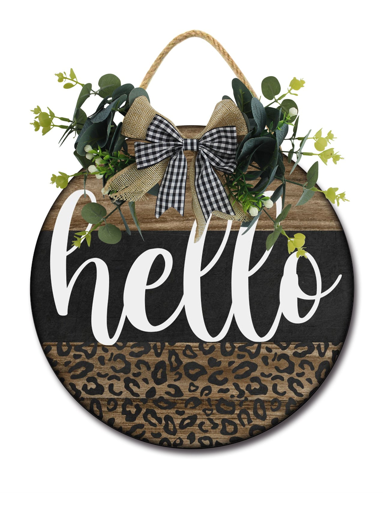 Leopard Hello Sign Front Door Porch Decorations, Round Rustic Wood ...