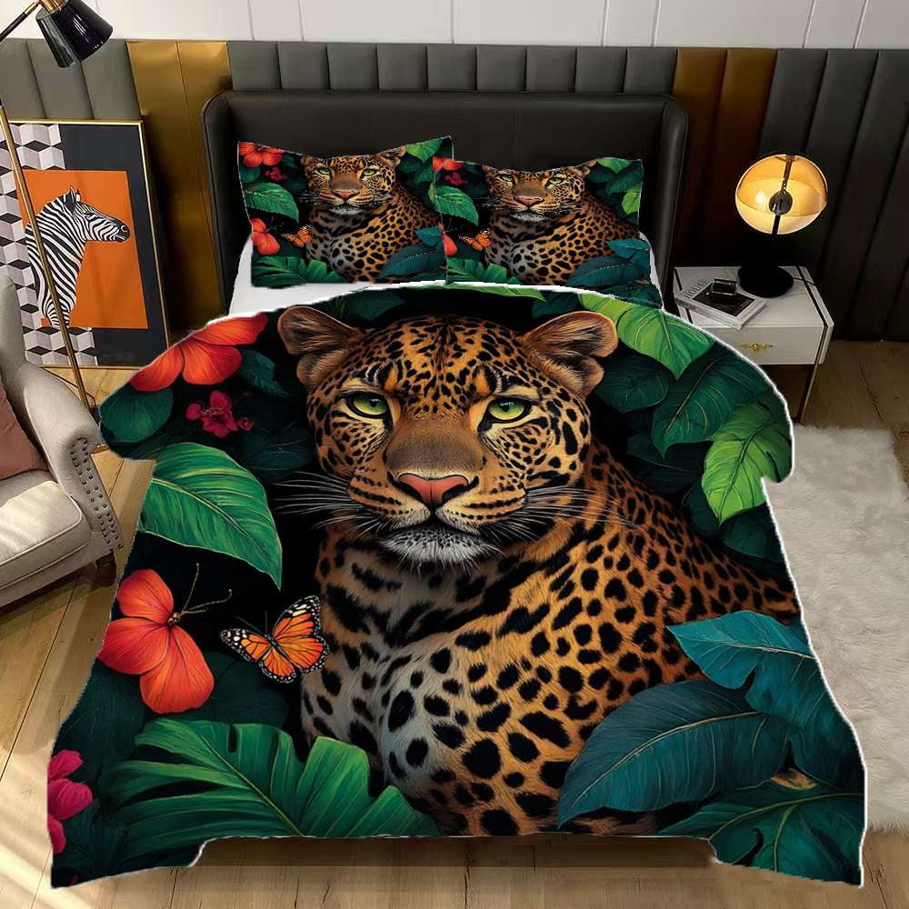 Leopard Hidden Jungle Foliage Beauty Comforter Set Full Size Bedding ...