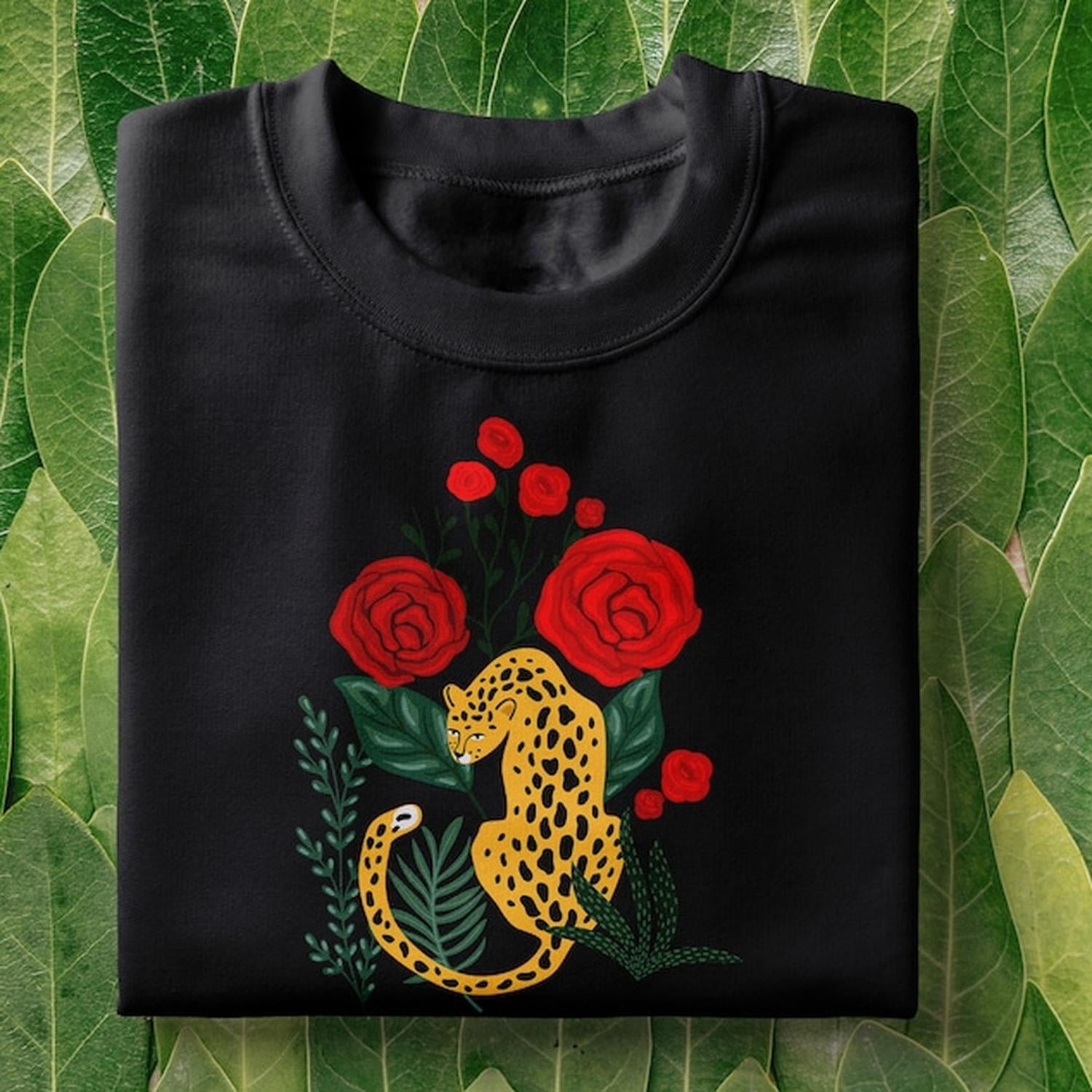 Leopard Illustration T-S1Hirt Leopard Roses, Aesthetic T1EE, Flowers ...