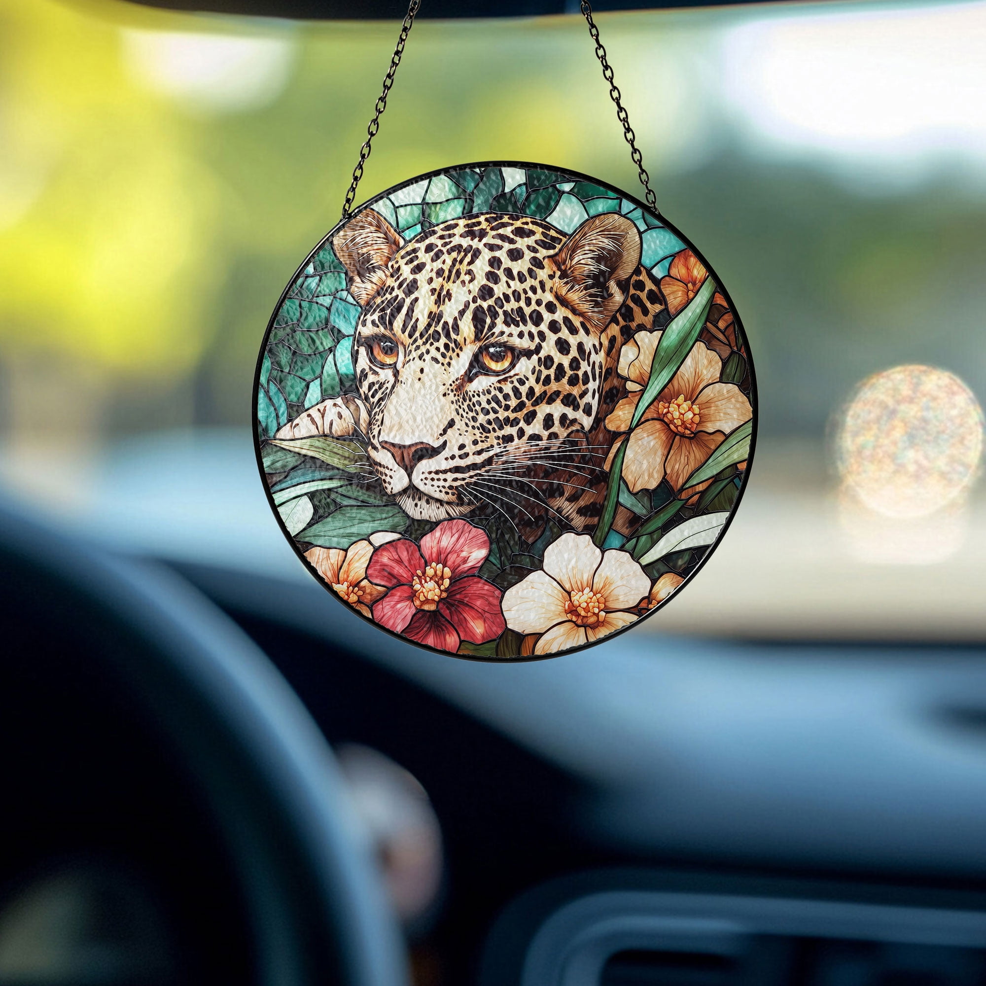 Leopard in Jungle 2D Flat Stained Glass Window Hanging - Fierce ...