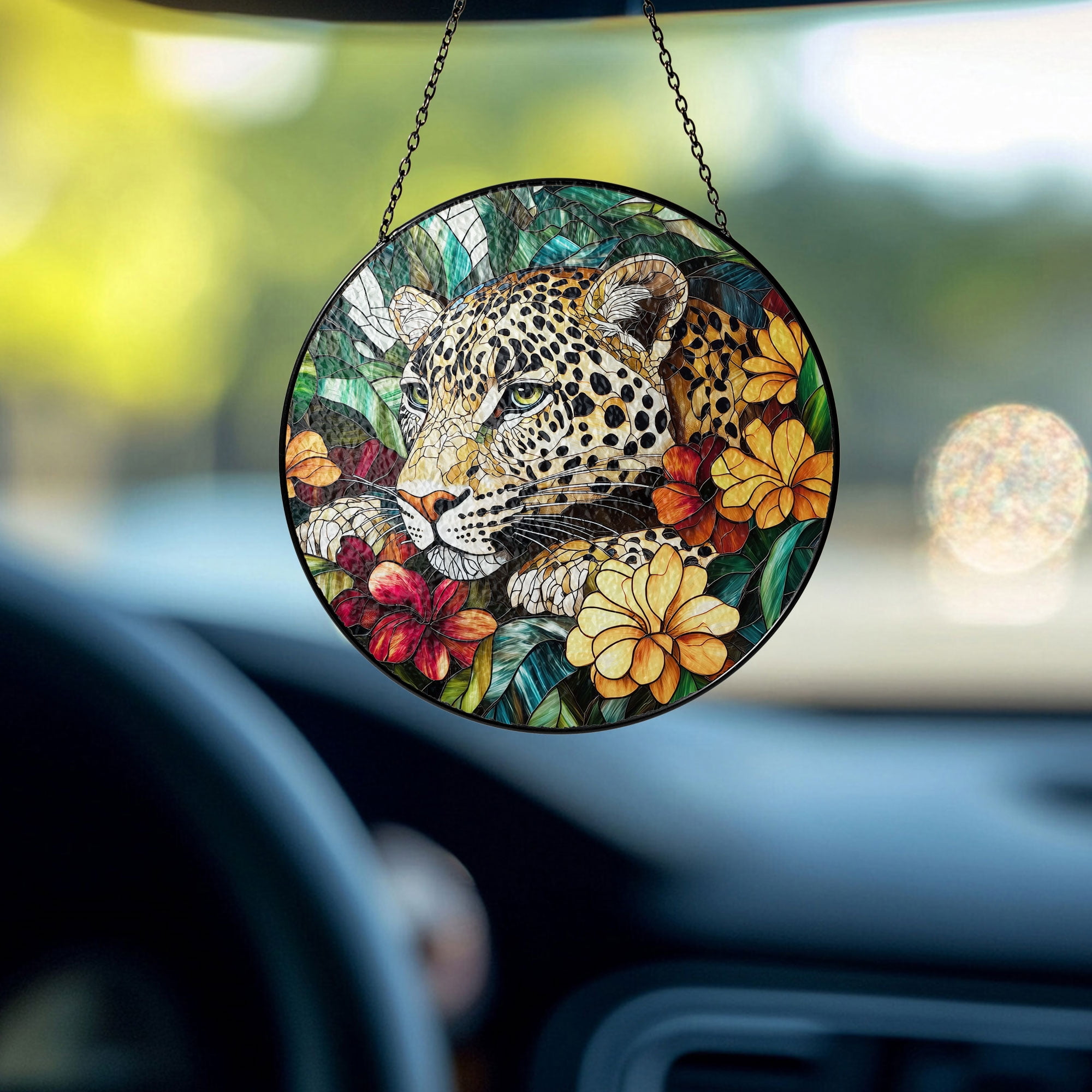 Leopard in Jungle 2D Flat Stained Glass Window Hanging - Fierce ...