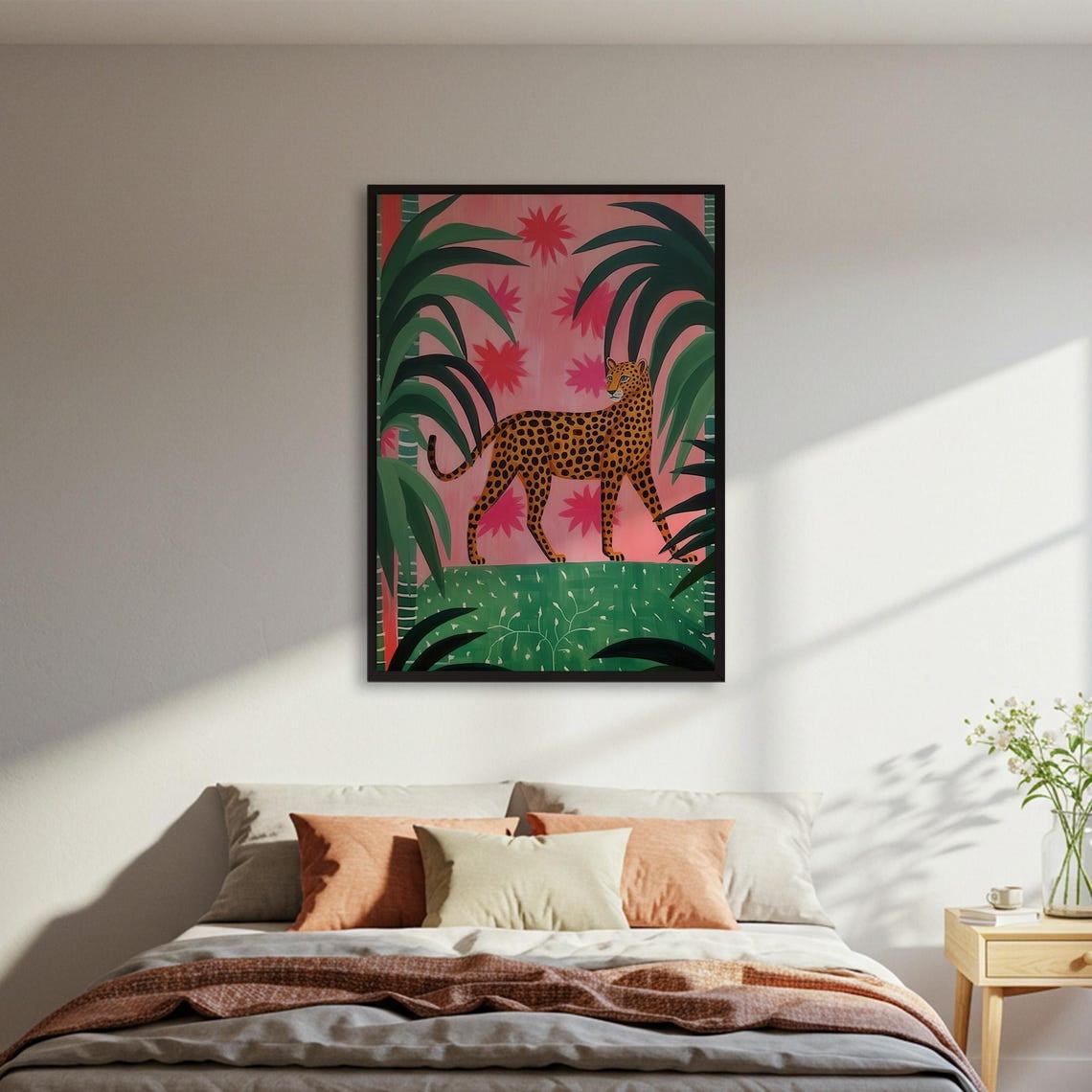 Leopard Jungle Poster Print, Pink Green Tropical Wall Art, Naive Folk ...