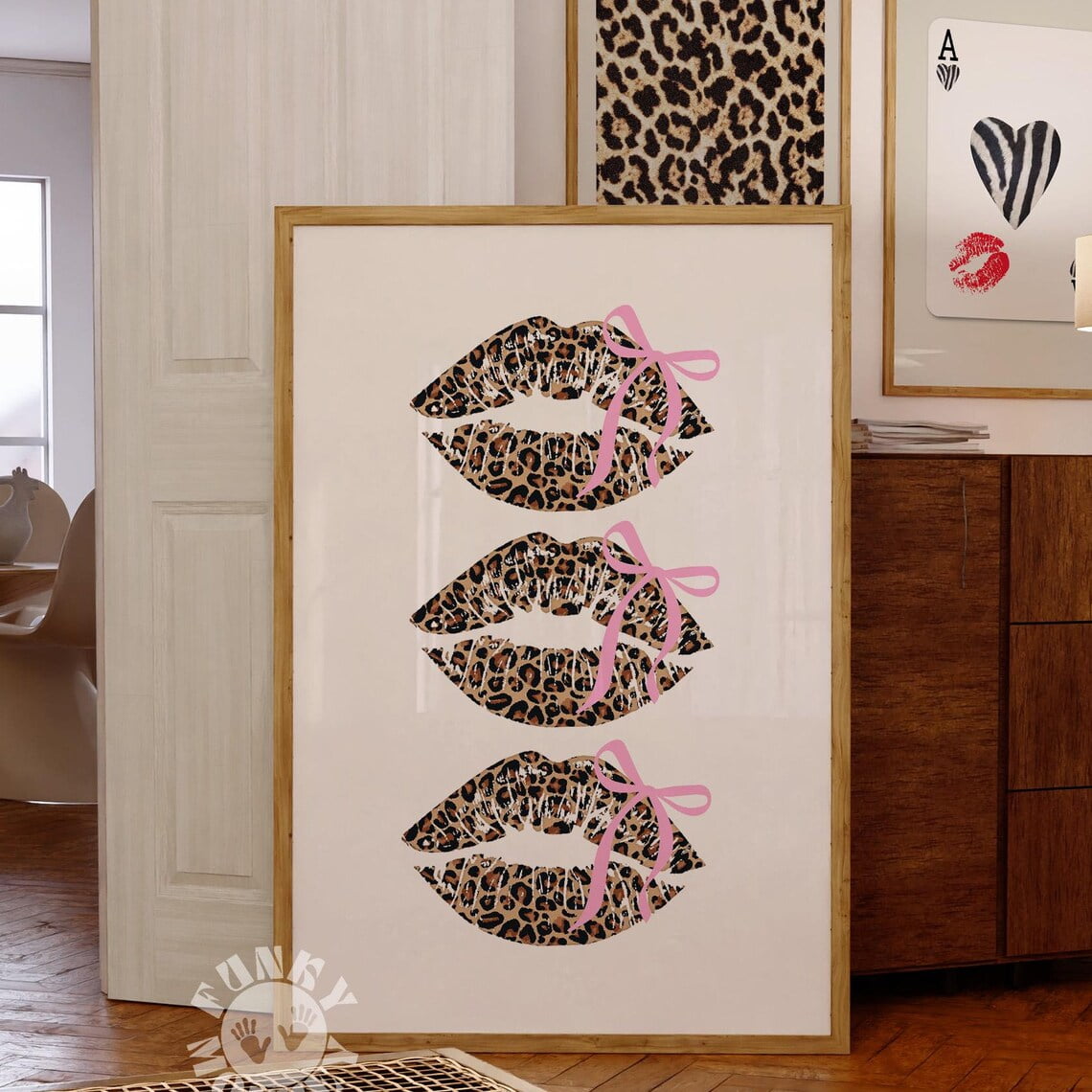 Leopard Kiss Lips Print, Trendy Wall Art, Pink Bows Coquette Room Decor ...