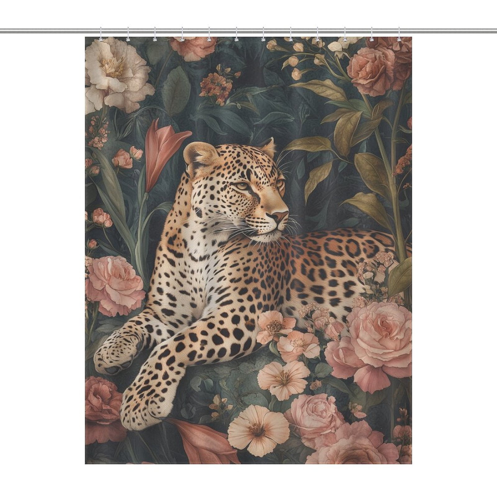 Leopard Lion Rose Shower Curtain , Enchanted Forest Scenic Bathroom ...