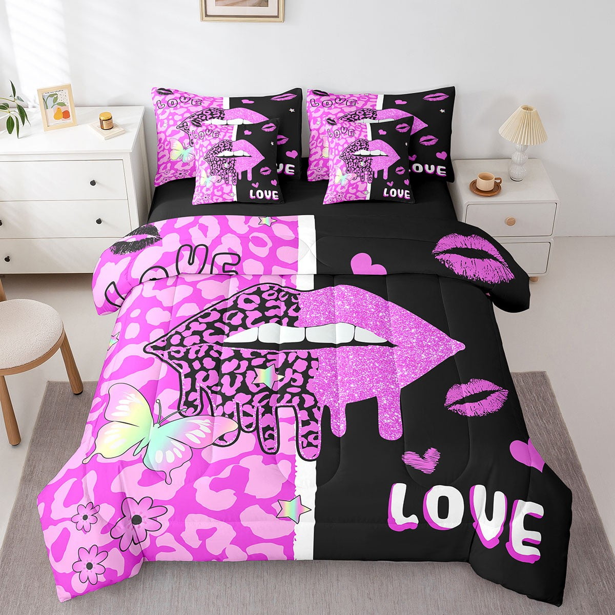 Leopard Lip Comforter Set 7 Piece Purple Black Love Full Bedding Set ...
