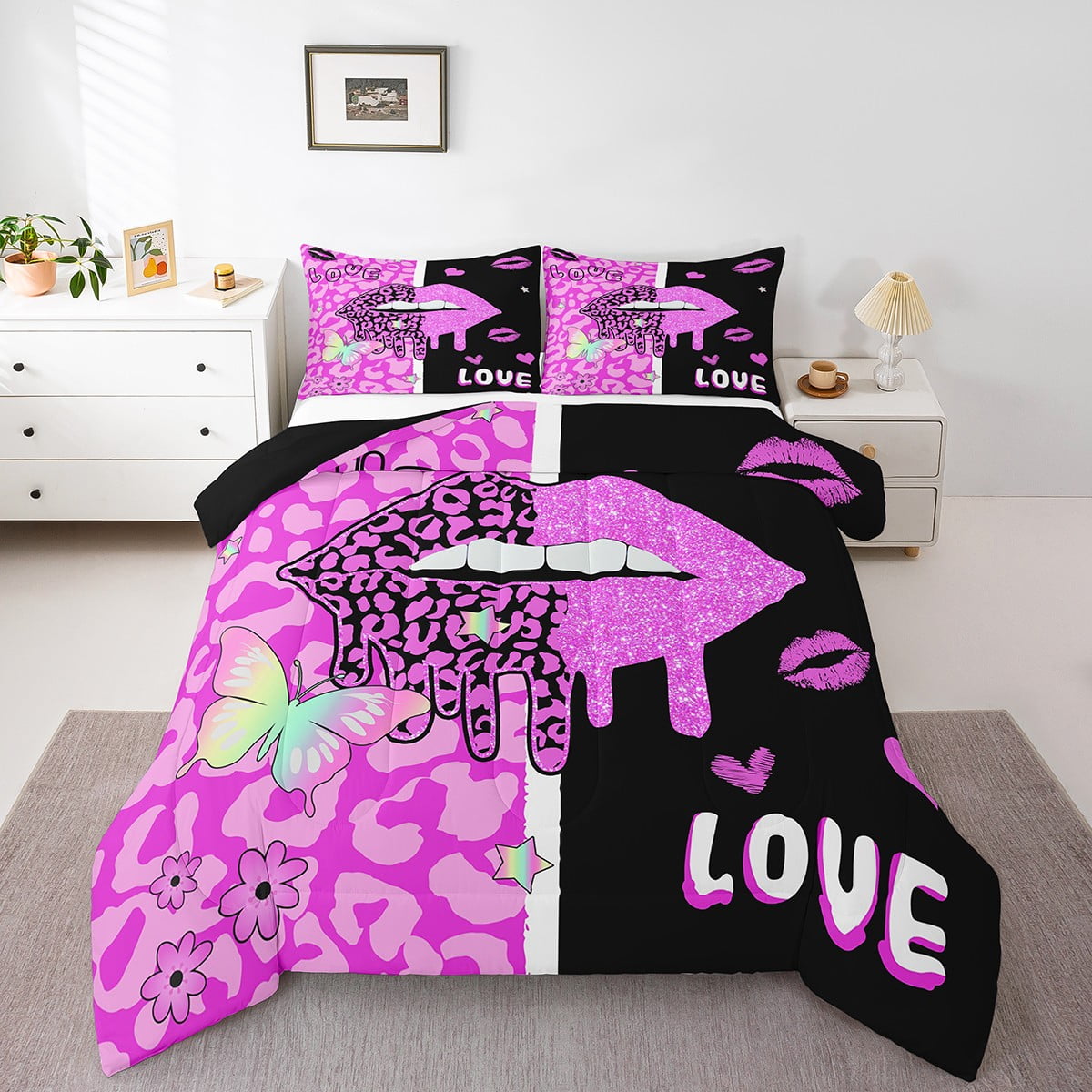Leopard Lip Comforter Set,Purple Black Love Theme Bedding Set For ...
