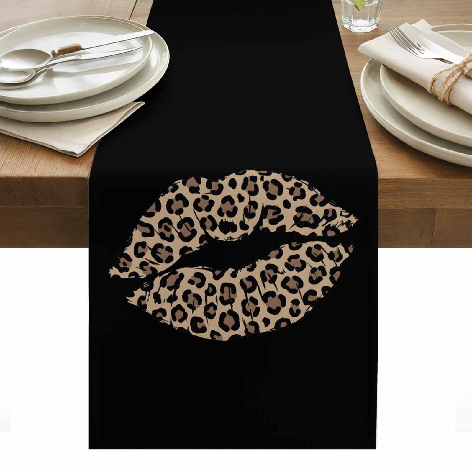 Leopard Lip Cotton Linen Table Runner Sexy Lip Vintage Black Background ...
