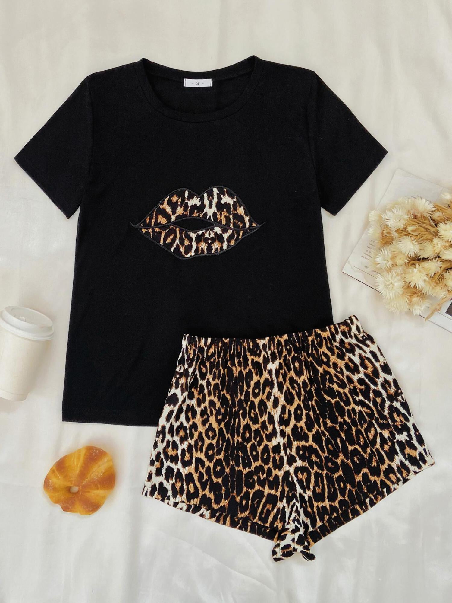 Leopard Lip Graphic Top and Shorts Lounge Set - Walmart.com