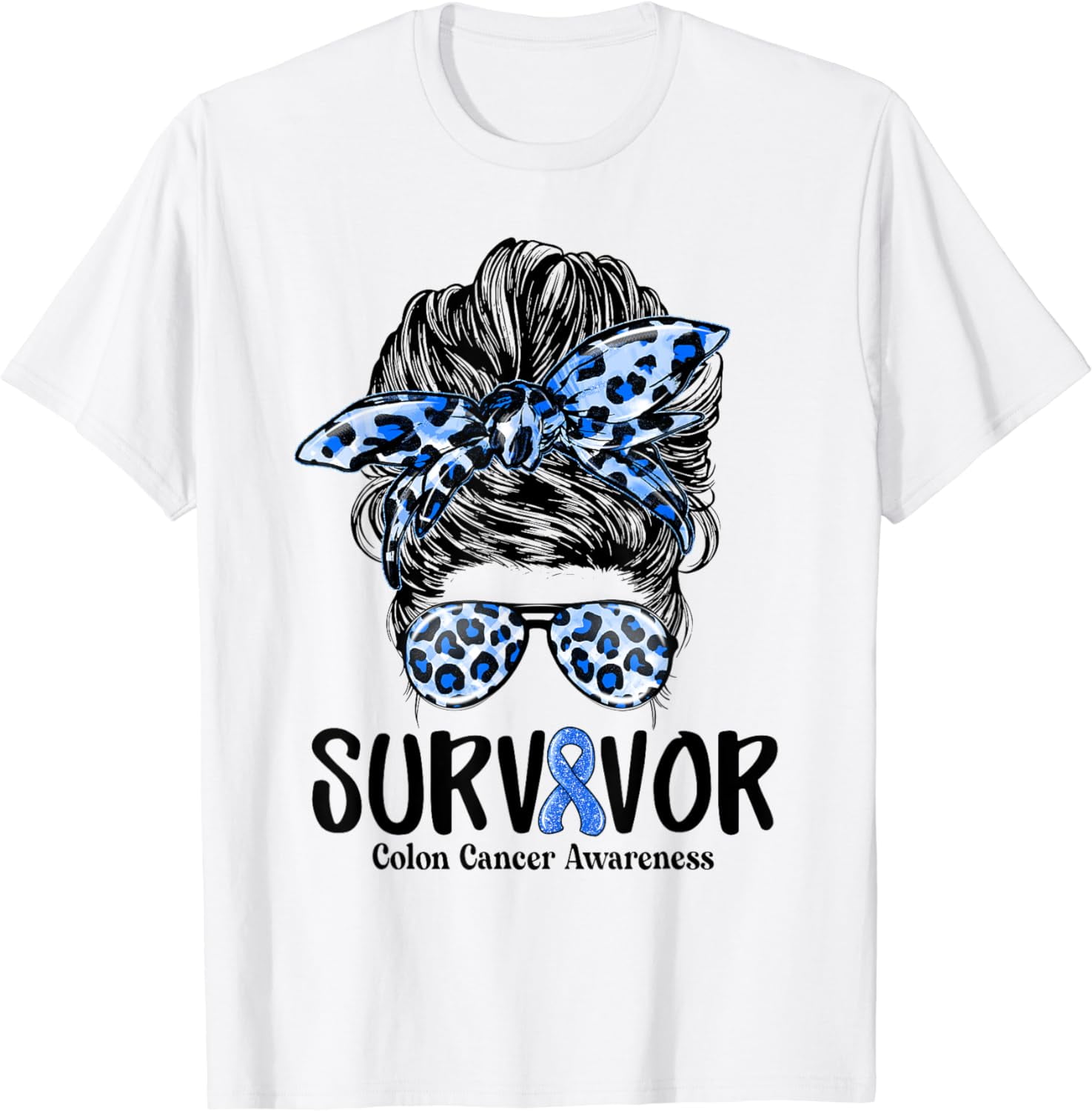 Leopard Messy Bun Women Survivor Colon Cancer Awareness T-Shirt ...