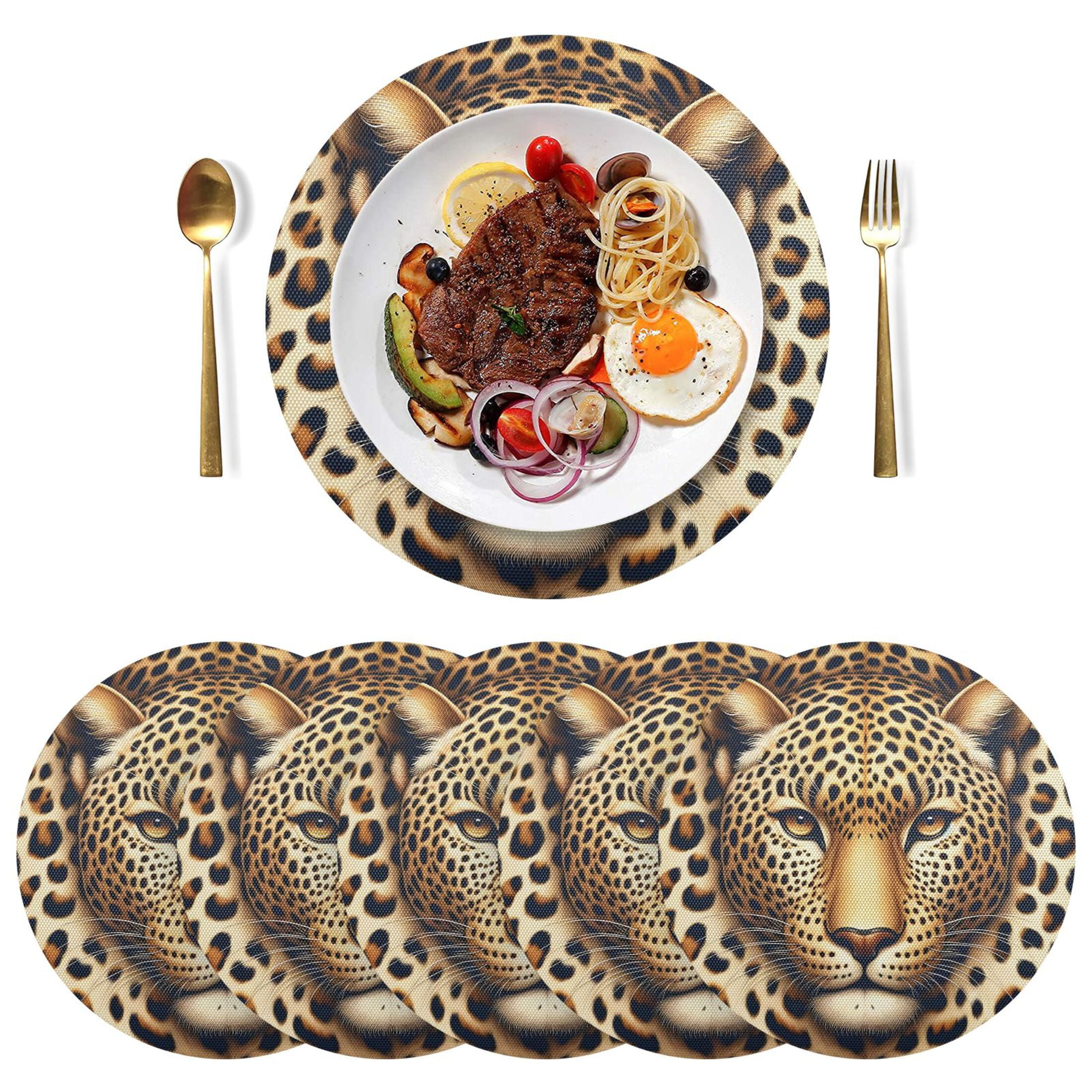 Leopard Of Face Black Round Placemats Plate Mats 15 Inch Non-Slip Heat ...