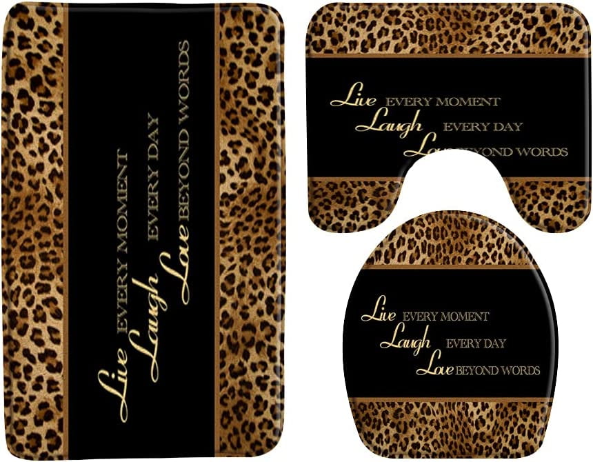 Leopard Print 3 Piece Bath Mats Live Laugh Love Rugs Sets Positive ...