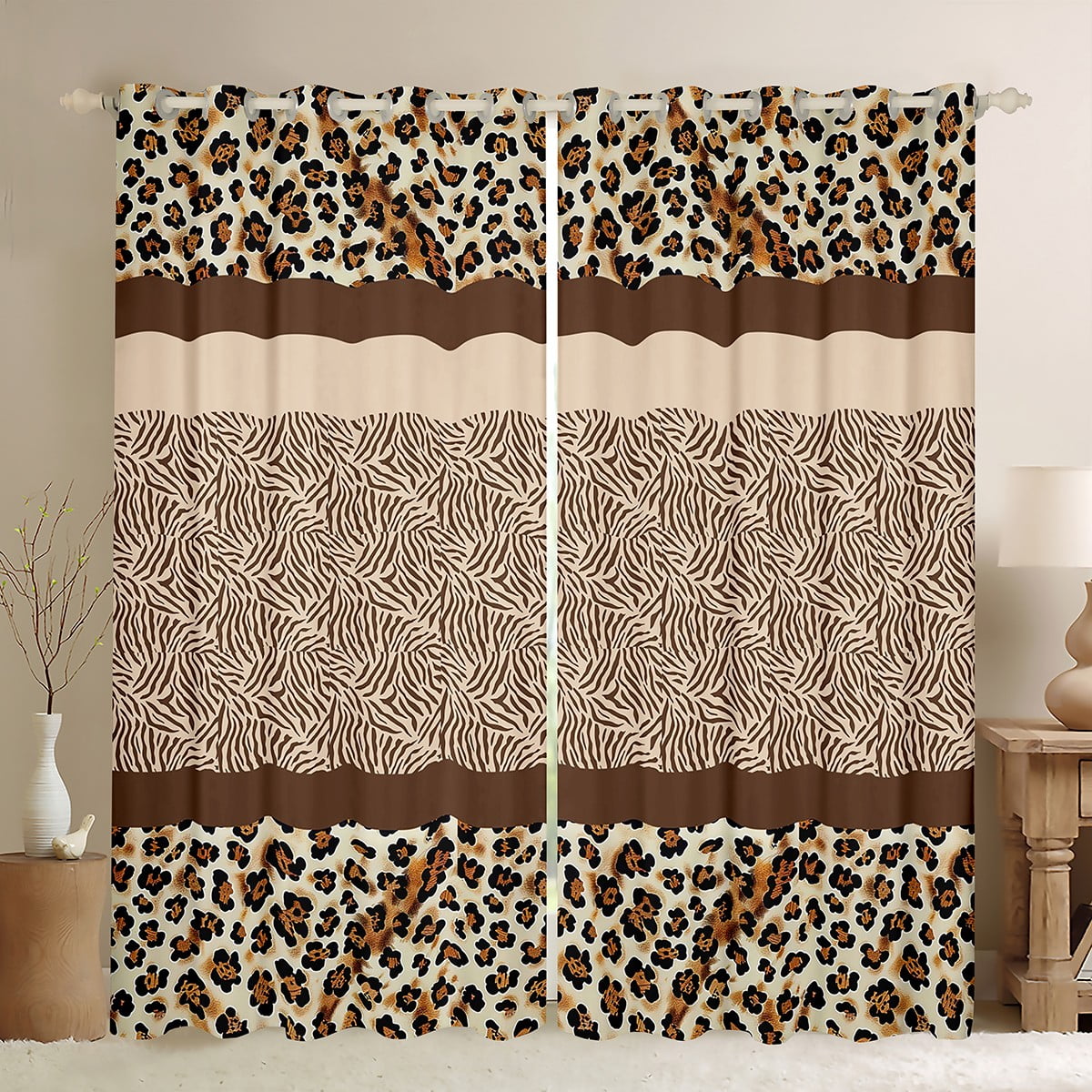 Leopard Print 30%-50% Blackout Curtains, Brown Zebra Print Splicing ...