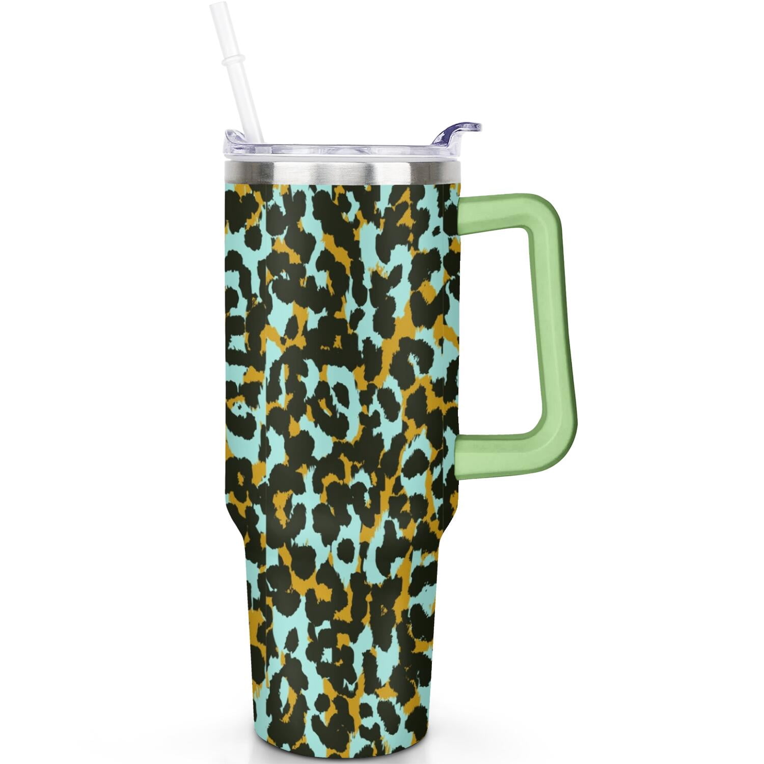 Leopard Print 40 oz Tumbler with Handle and Flip Straw Lid, Stainless ...