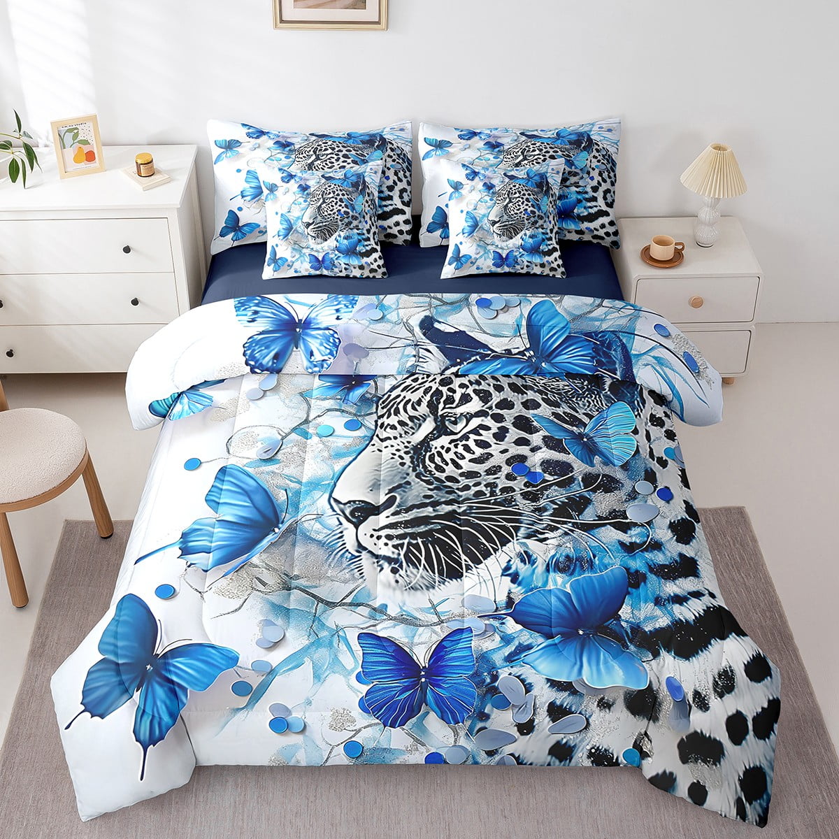 Leopard Print Bed in a Bag 7 Pcs for Boys Girls Blue Butterfly Bedding ...