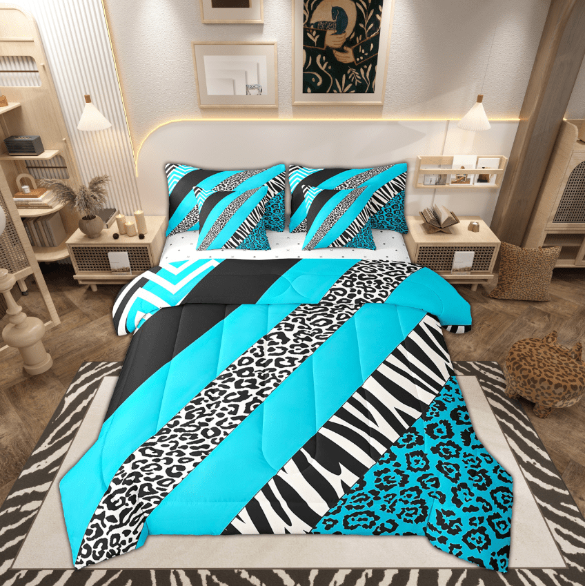 Leopard Print Bed in a Bag 7 Piece,Zebra Stripes Teal Sriped Bedding ...