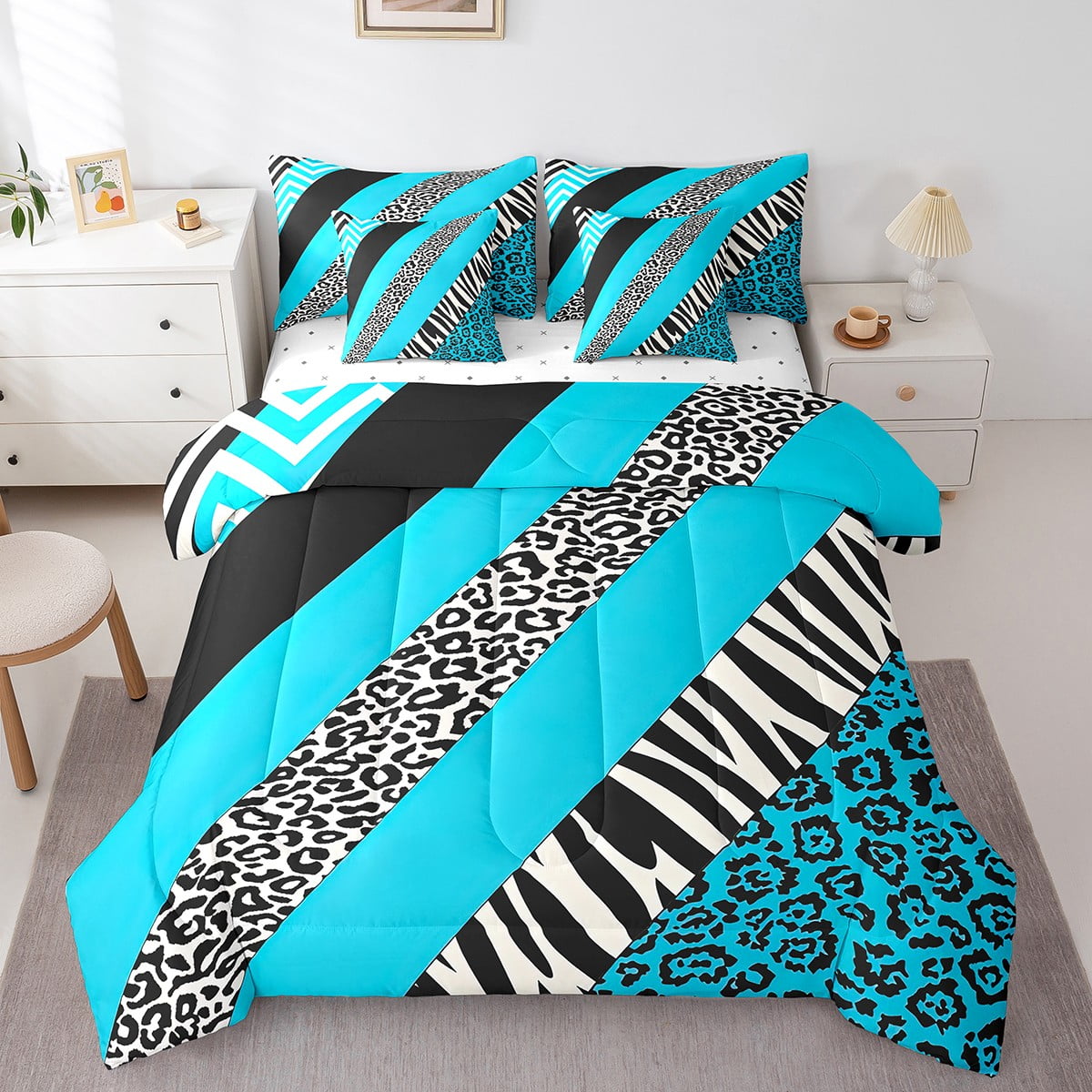 Leopard Print Bed in a Bag Queen Comforter Set 7 Piece,Zebra Stripes ...