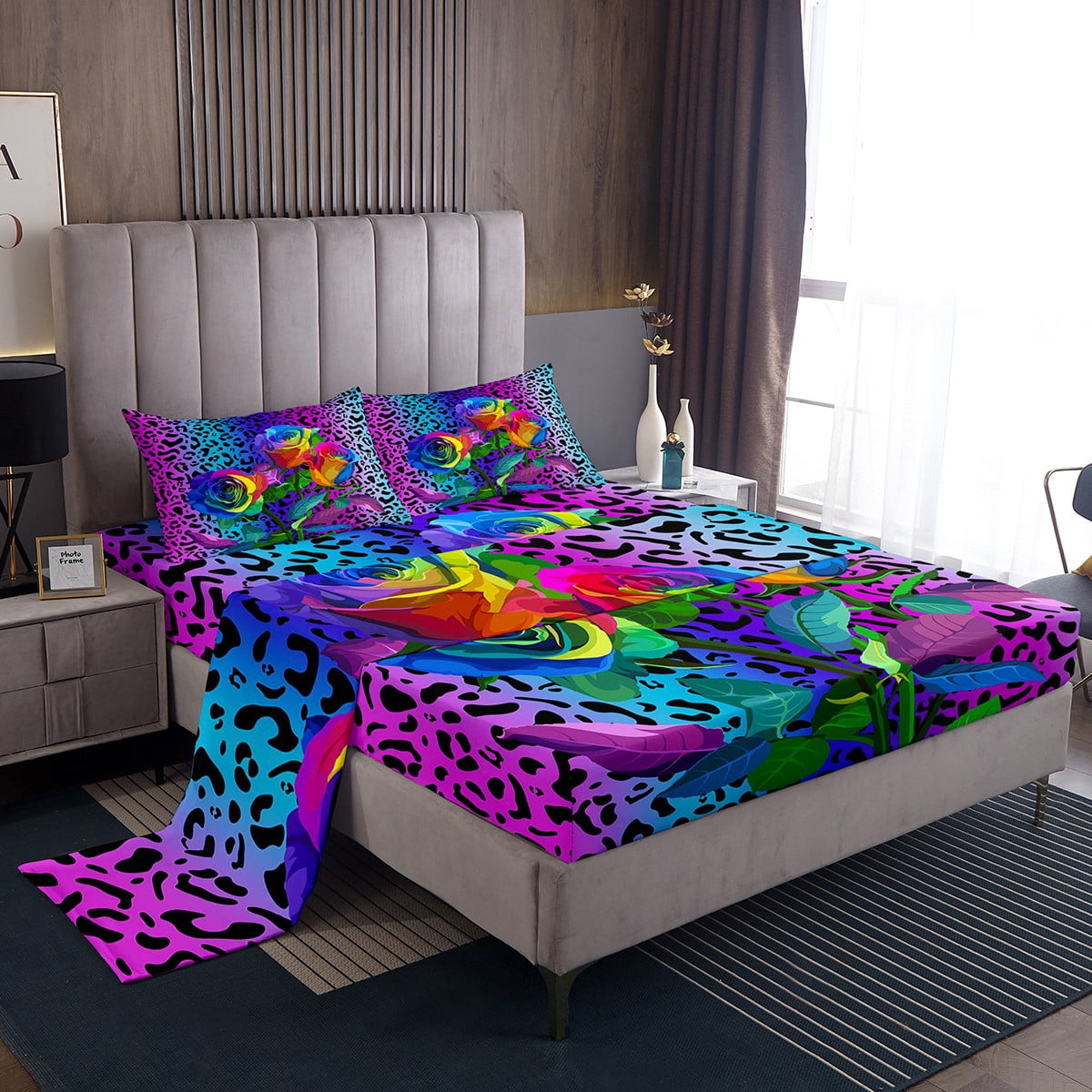 Leopard Print Bed Sheets Set Watercolor Rose Flowers Sheet Set Queen ...