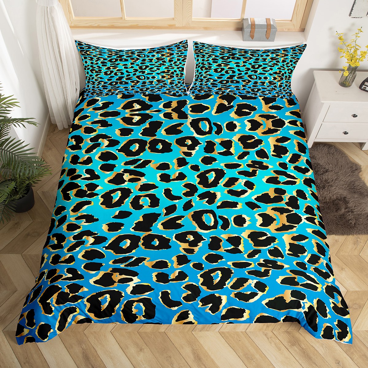 Leopard Print Bedding Set Twin,Blue Black Cheetah Print Duvet Cover ...