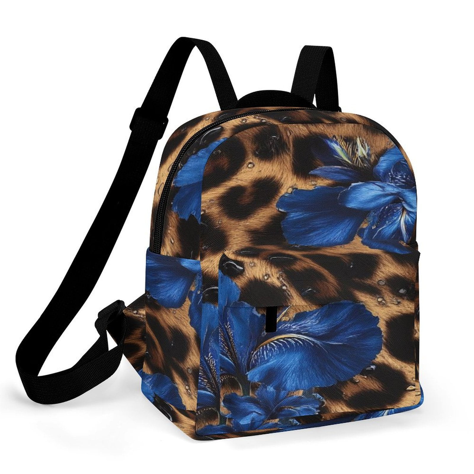 Leopard Print Blue Irises Flowers Small Backpack Cute Mini Backpacks ...