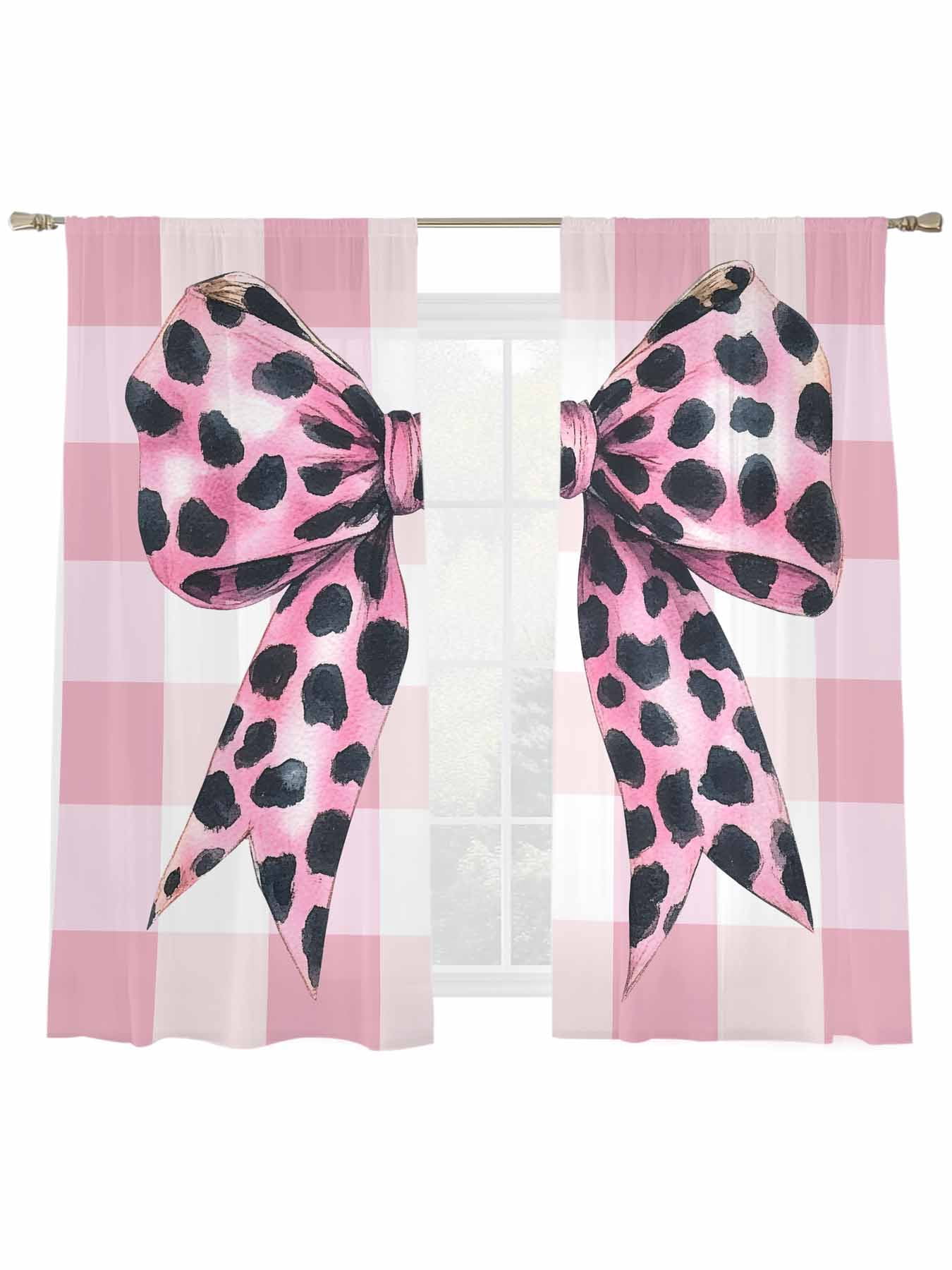Leopard Print Bow Sheer Curtains 72 Inch Long 2 Panels, Sweet Pink ...