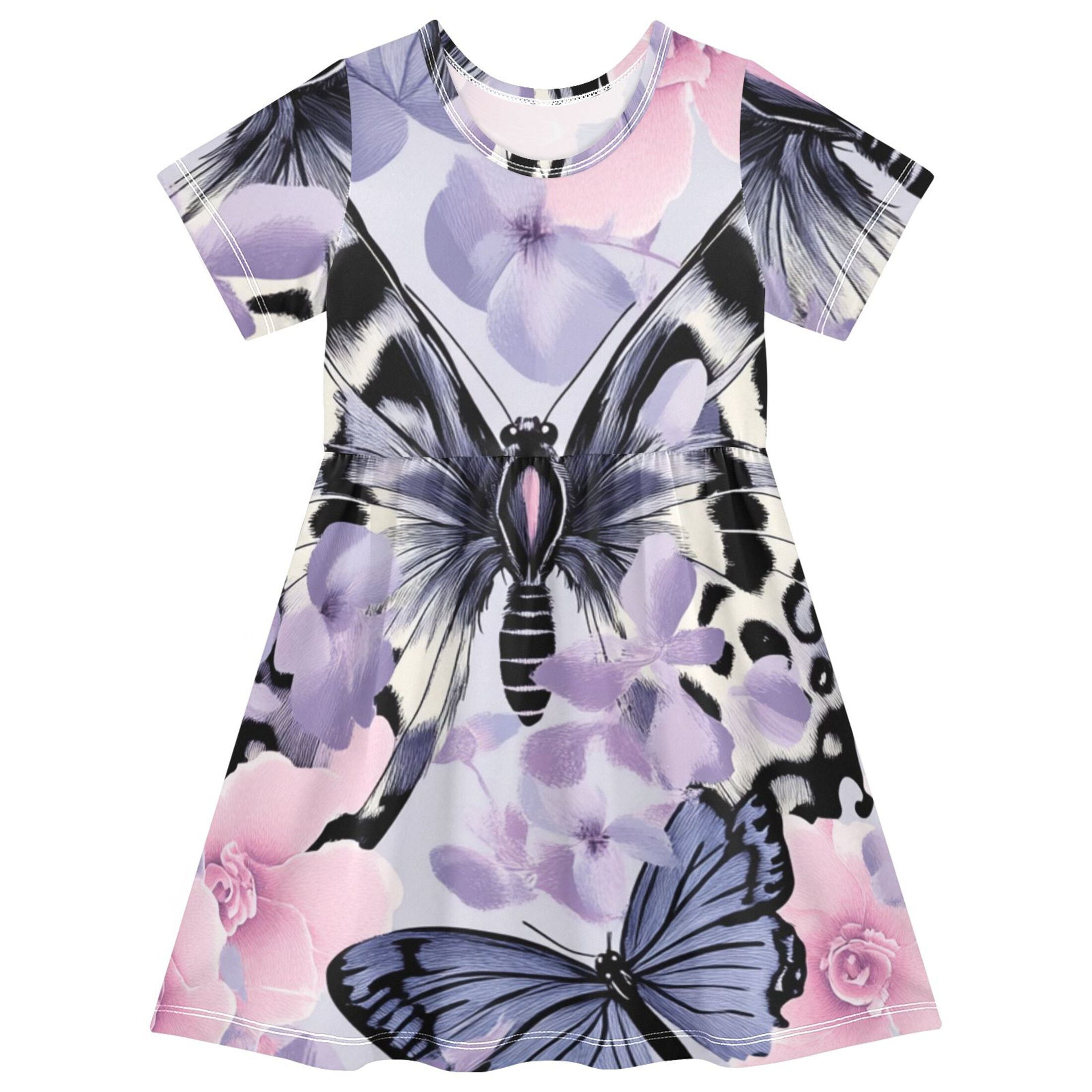 Leopard Print Butterflies Pink Roses Girls' Short Sleeve Dress A-Line One-Piece Dress UPF 50 ...