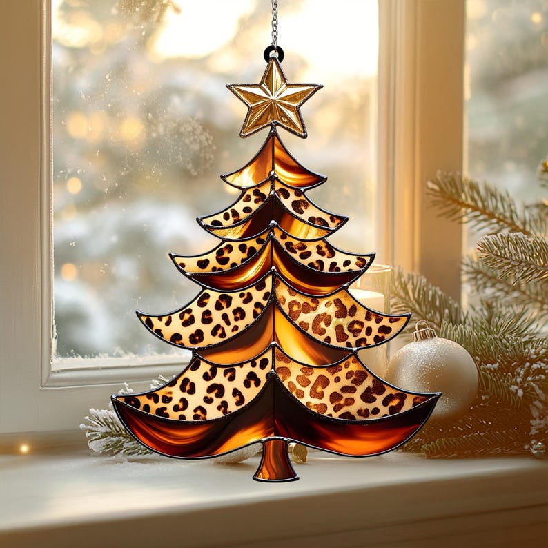 Leopard Print Christmas Tree Suncatcher – Bold Acrylic Stained-Glass ...