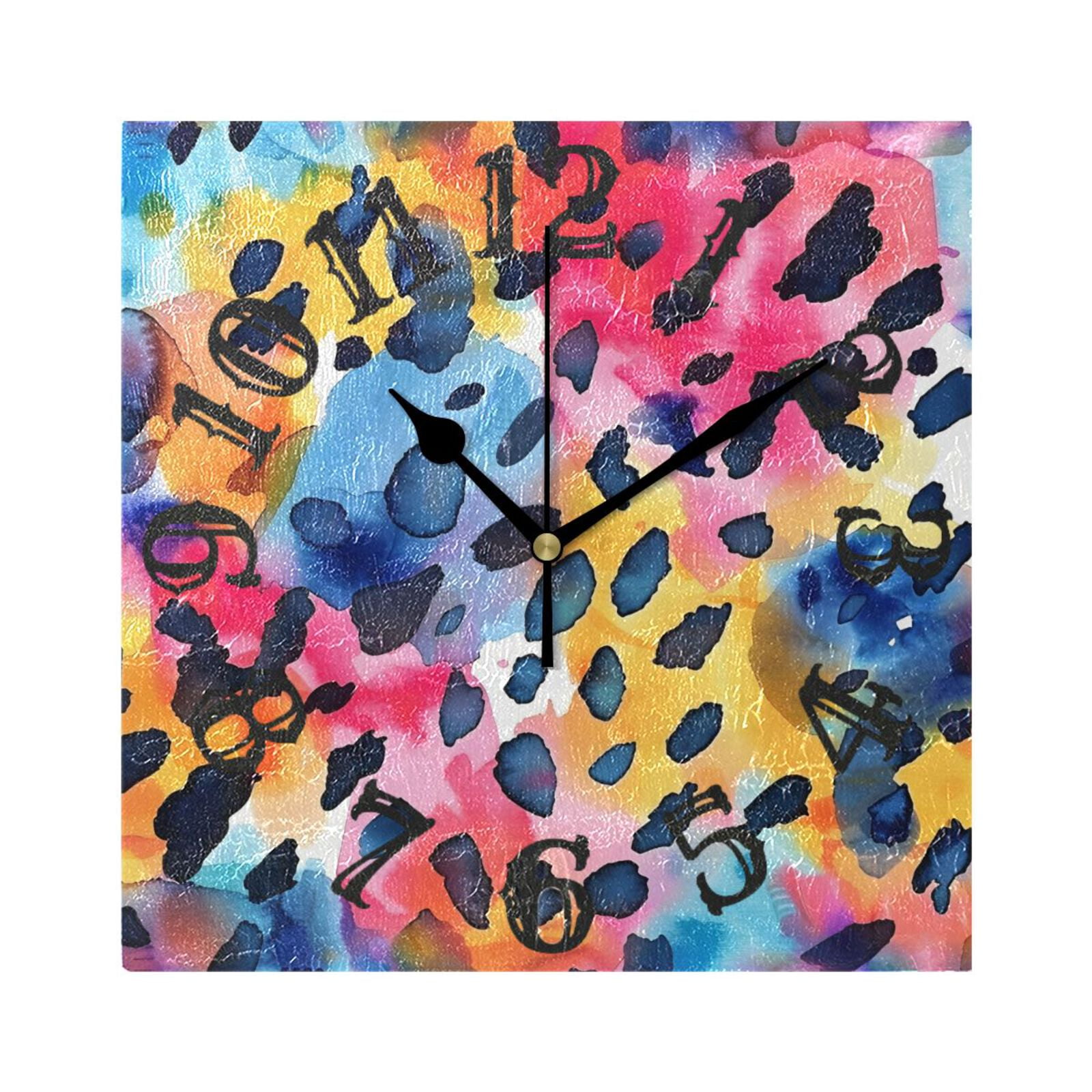 Leopard Print Colorful Wall Clock Square Silent Non Ticking Battery ...