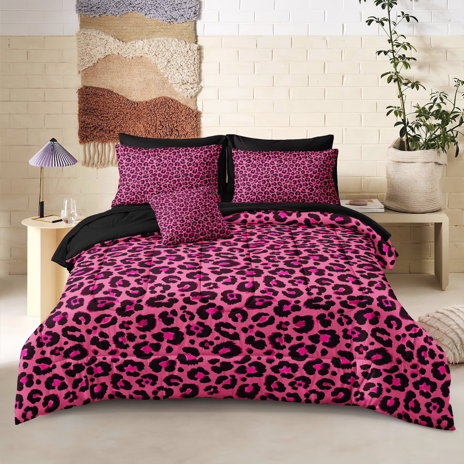 Leopard Print Comforter Set Black and Pink Bedding Sets 8 Pcs Hot Pink ...