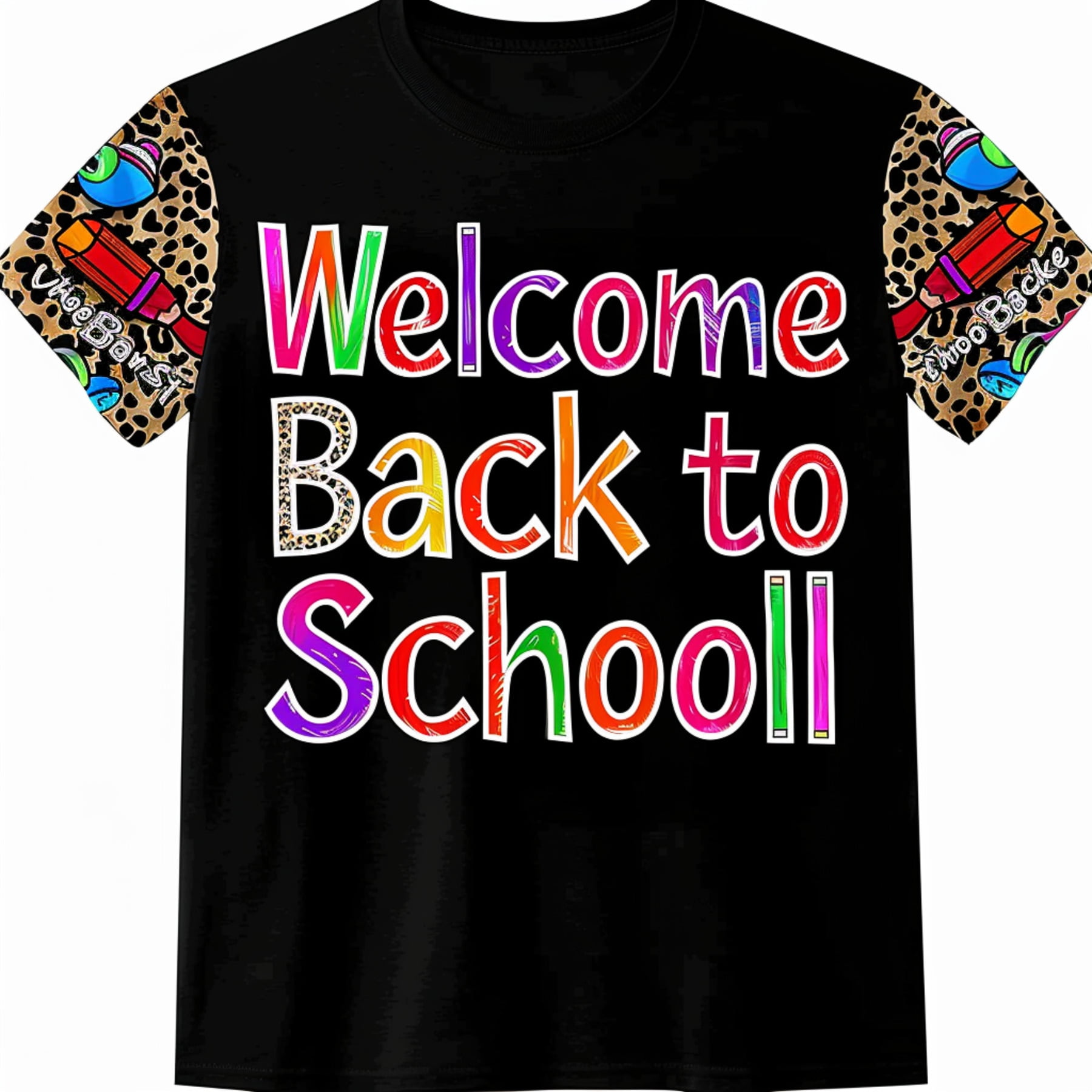 Leopard Print Crayon Welcome Back to School Black T Shirt Fun ...