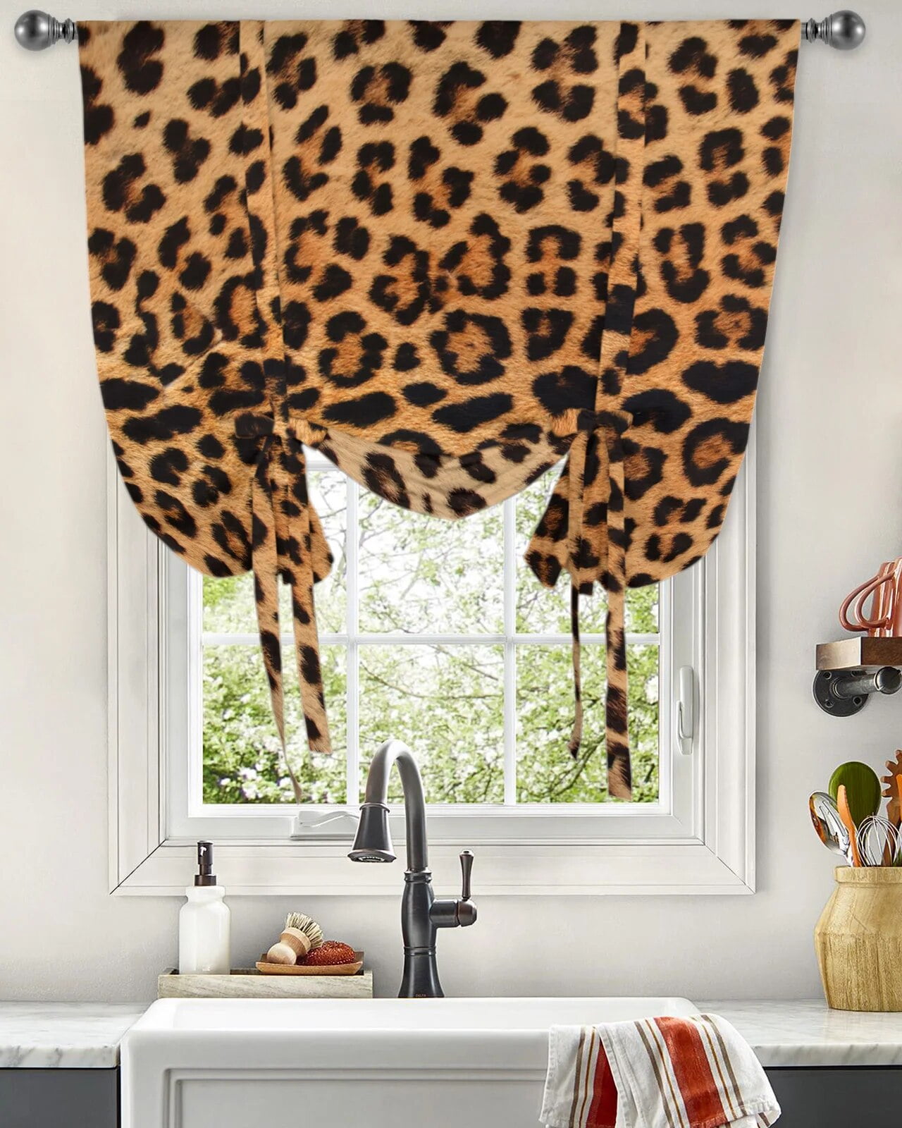 Leopard Print Curtain for Living Room Kitchen Tie-up Short Curtains ...