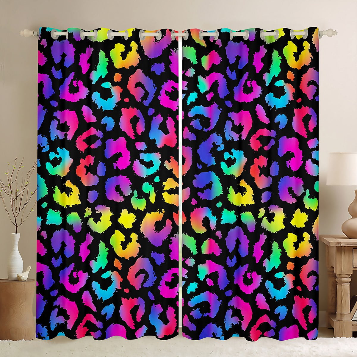 Leopard Print Curtains Rainbow Neon Cheetah Print Blackout Curtains ...