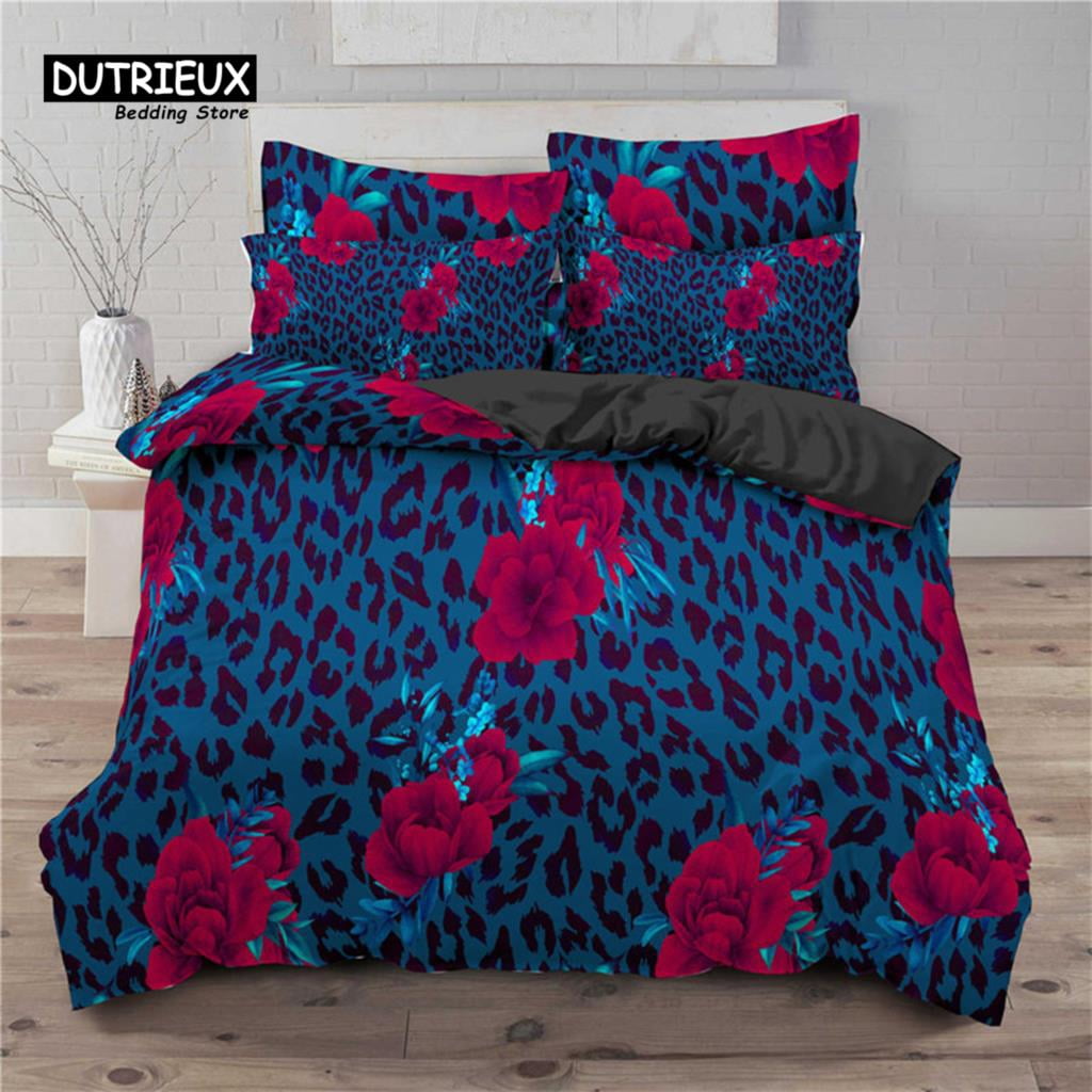 Leopard Print Duvet Cover Feather Tropical Leaves Flowers Bedding Set ...