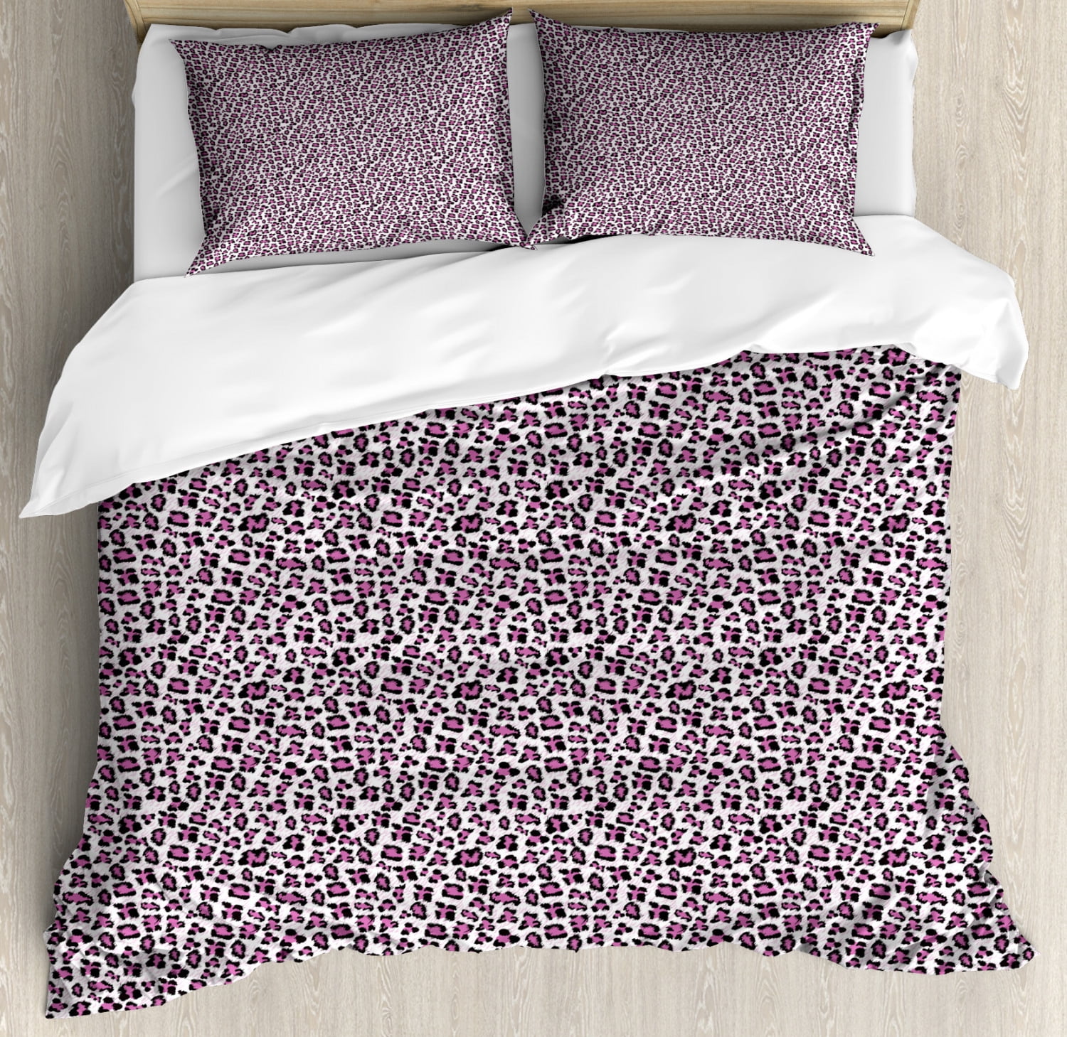 Leopard Print Duvet Cover Set Queen Size, Pink and Black Colored ...