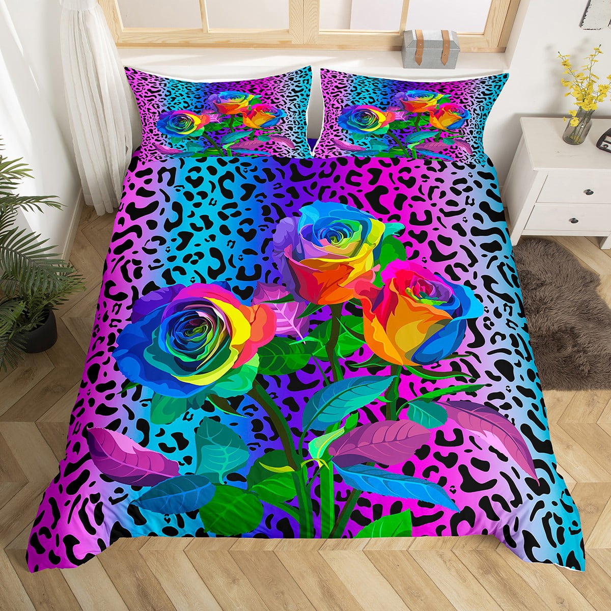 Leopard Print Duvet Cover Watercolor Rose Flowers Bedding Set Queen ...