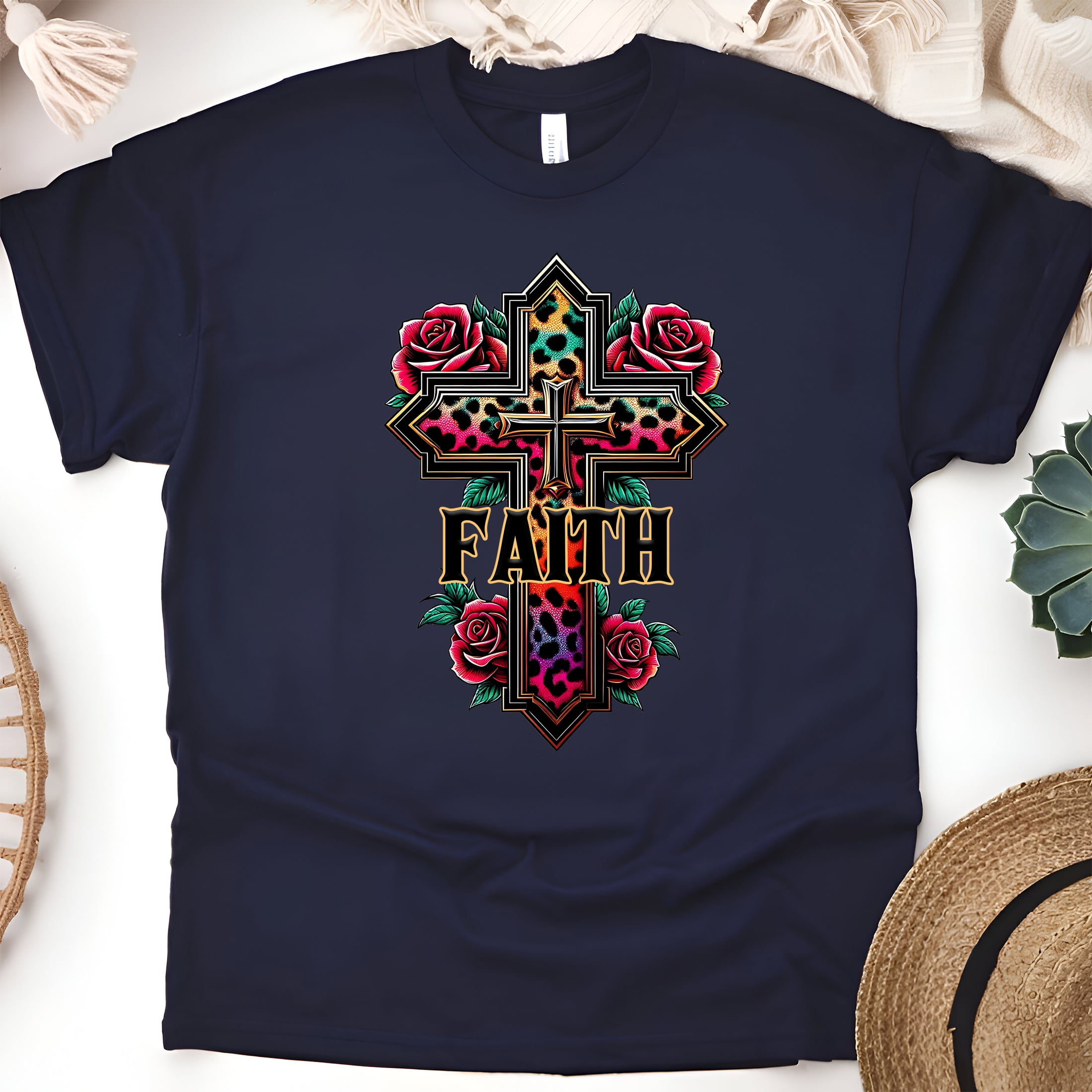 Leopard Print Faith Cross Shirt with Red Roses | Christian Graphic Tee ...